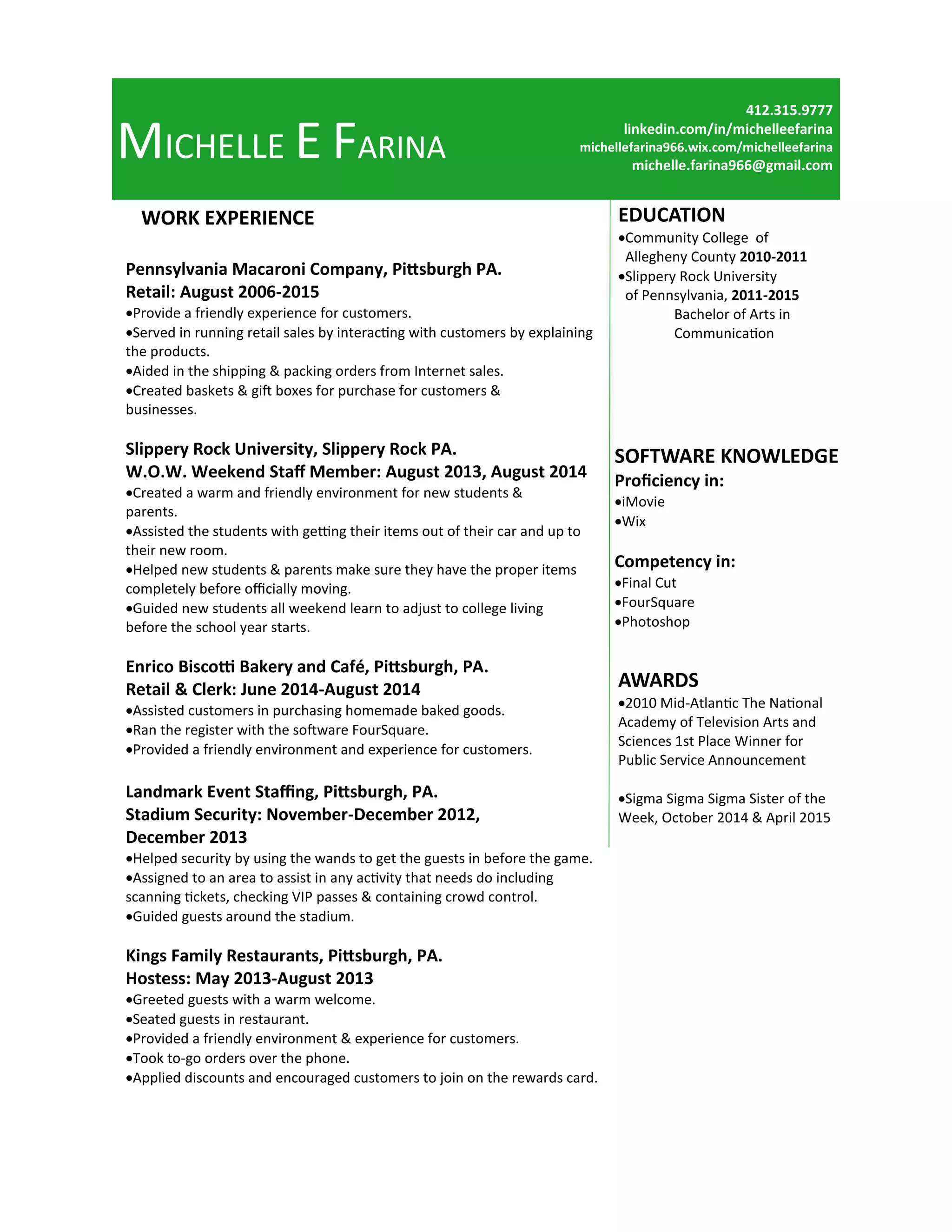 Michelle Farina Resume | PDF | College Education | Education