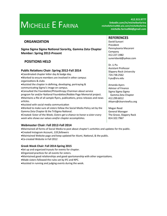 Michelle Farina Resume | PDF | College Education | Education
