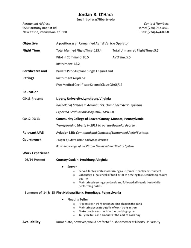 O'Hara, Jordan; Resume 1 | DOCX | Aviation Industry | Industries