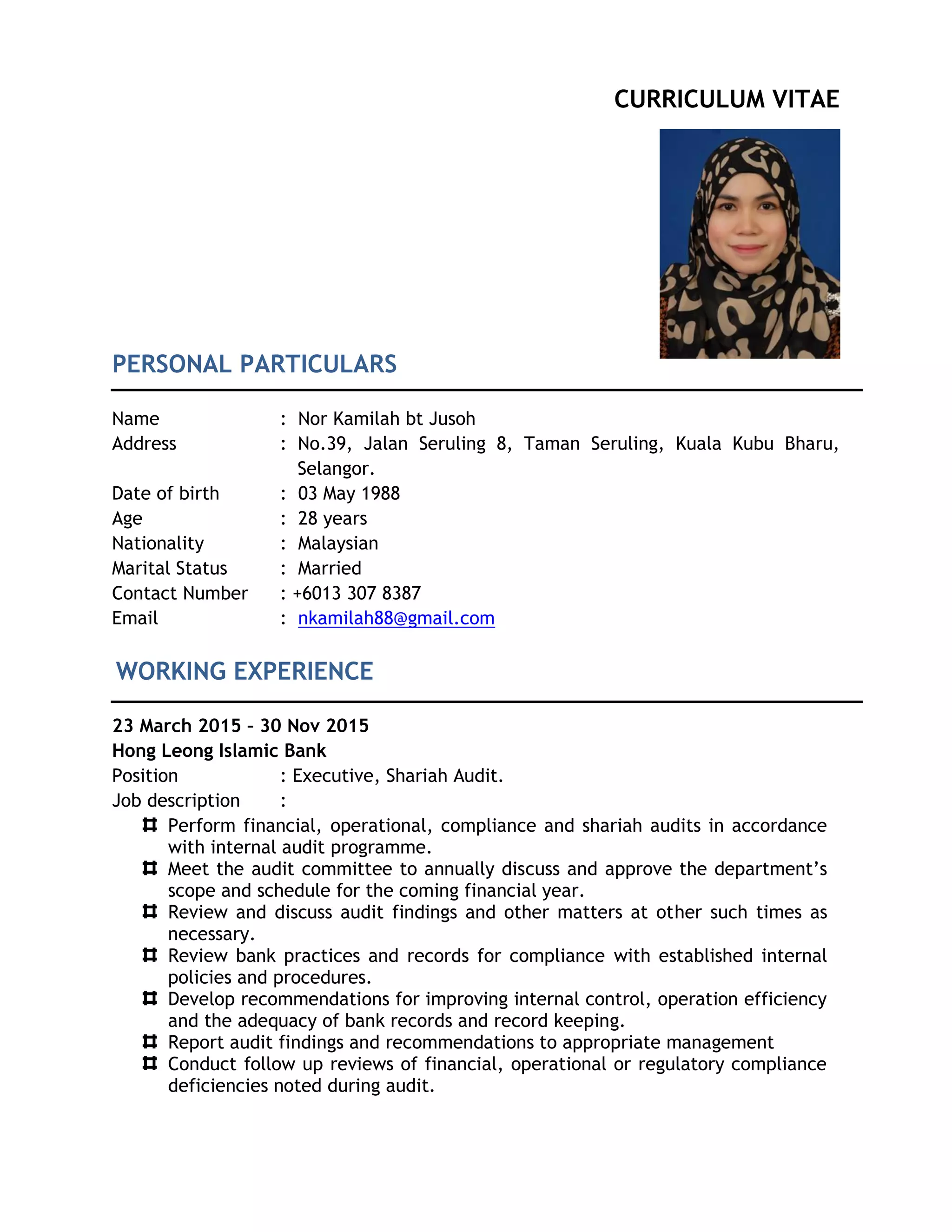 CV NOR KAMILAH JUSOH | PDF | Business Banking & Finance | Business