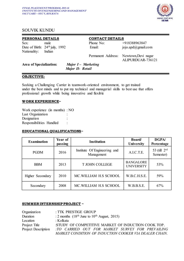 SOUVIK KUNDU_RESUME_PGDM | DOCX | Education