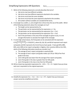SimplifyingExpressionsAIREOCQuestions | PDF