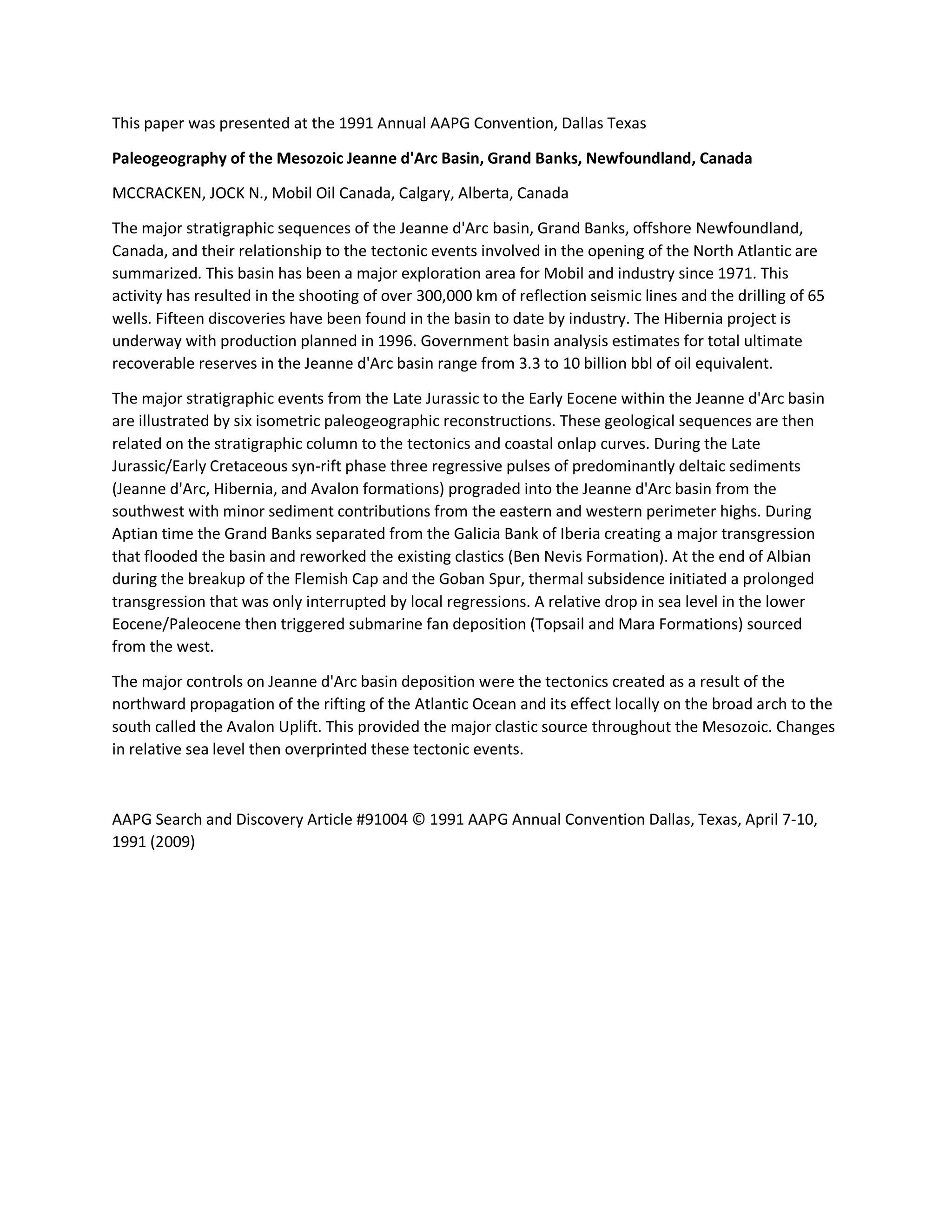 Paleogeography of Jeanne d'Arc Basin AAPG 2001 | PDF