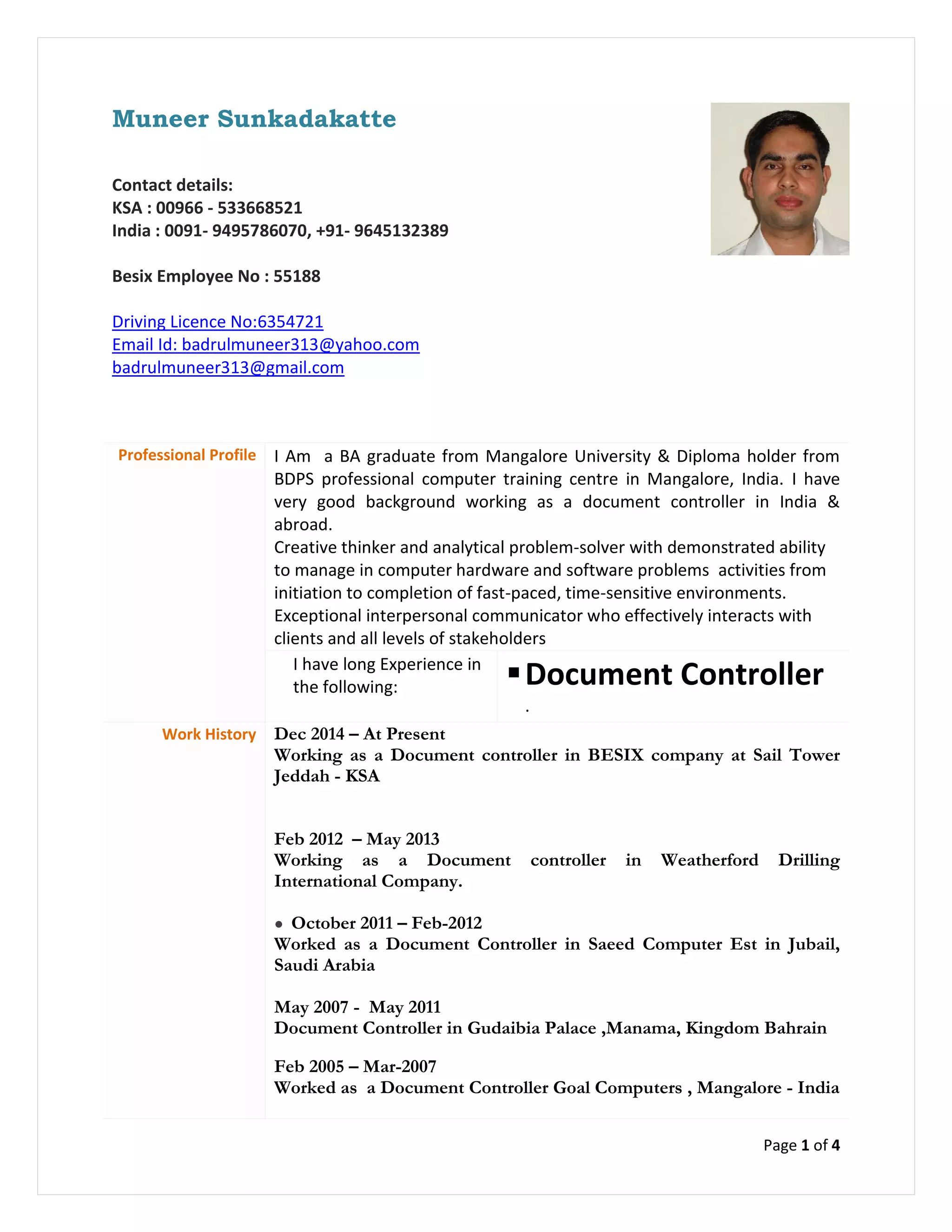 CV - MUNEER SUNKADAKATTE (DOCUMENT CONTROLLER) | PDF