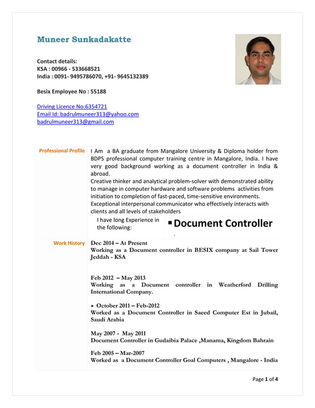 CV - MUNEER SUNKADAKATTE (DOCUMENT CONTROLLER) | PDF