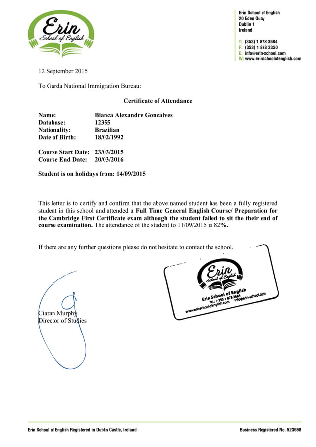 Bianca Goncalves attendance letter | PDF