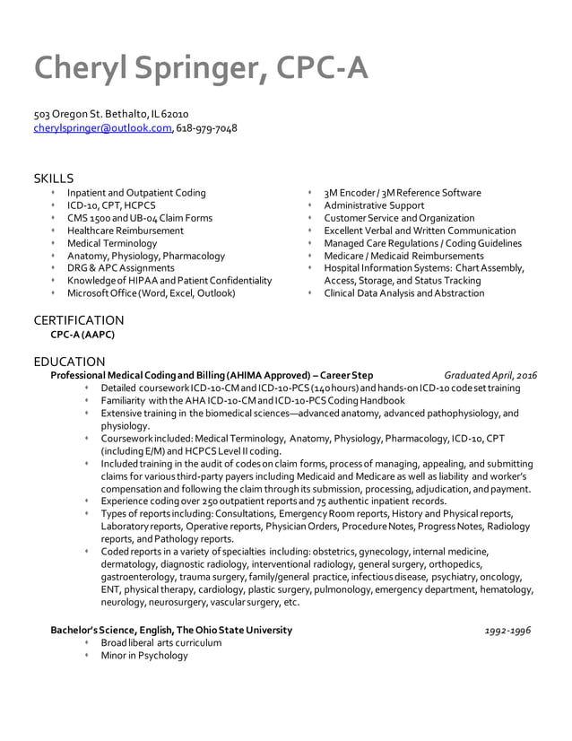 Cheryl Springer, CPC-A Resume | DOCX | Healthcare Industry | Industries