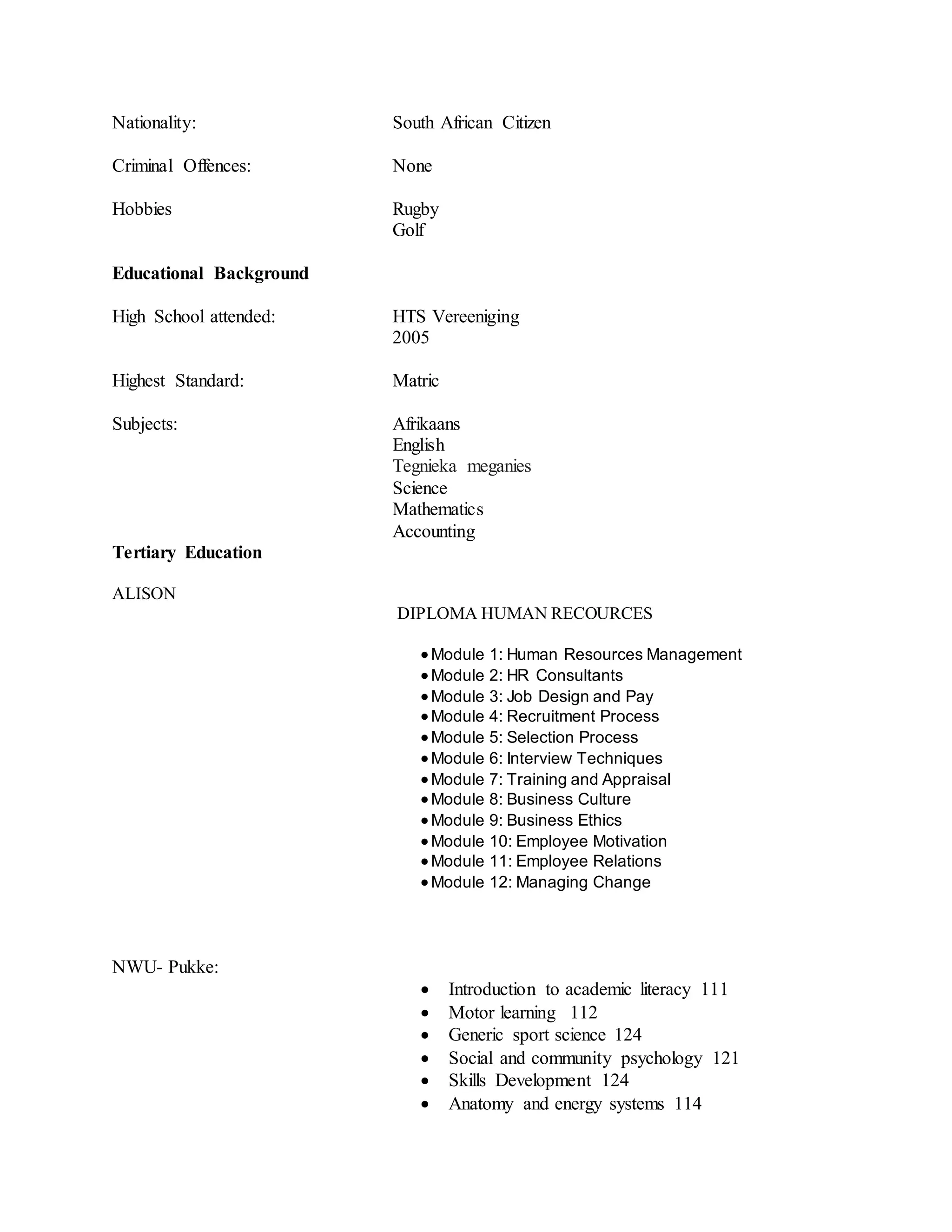 Zander de kock Curriculum Vitae | DOCX