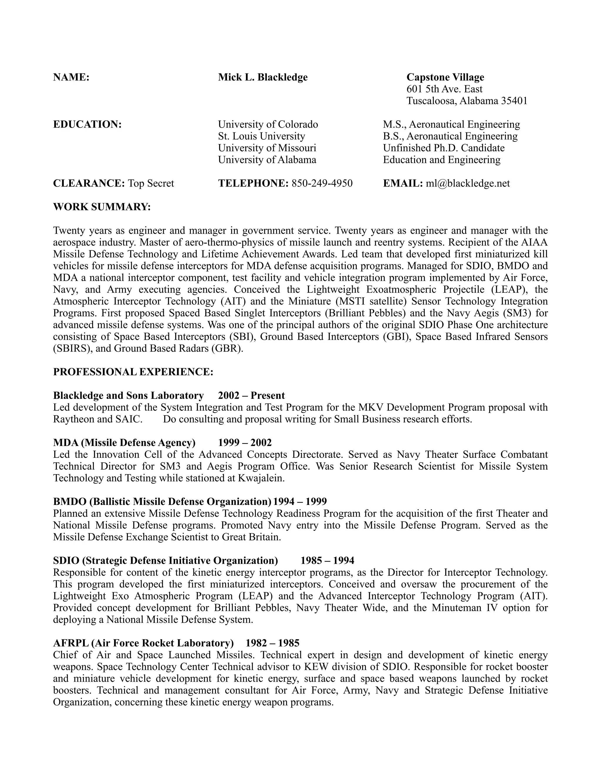 MickBlackledgeResume2011 copy | PDF