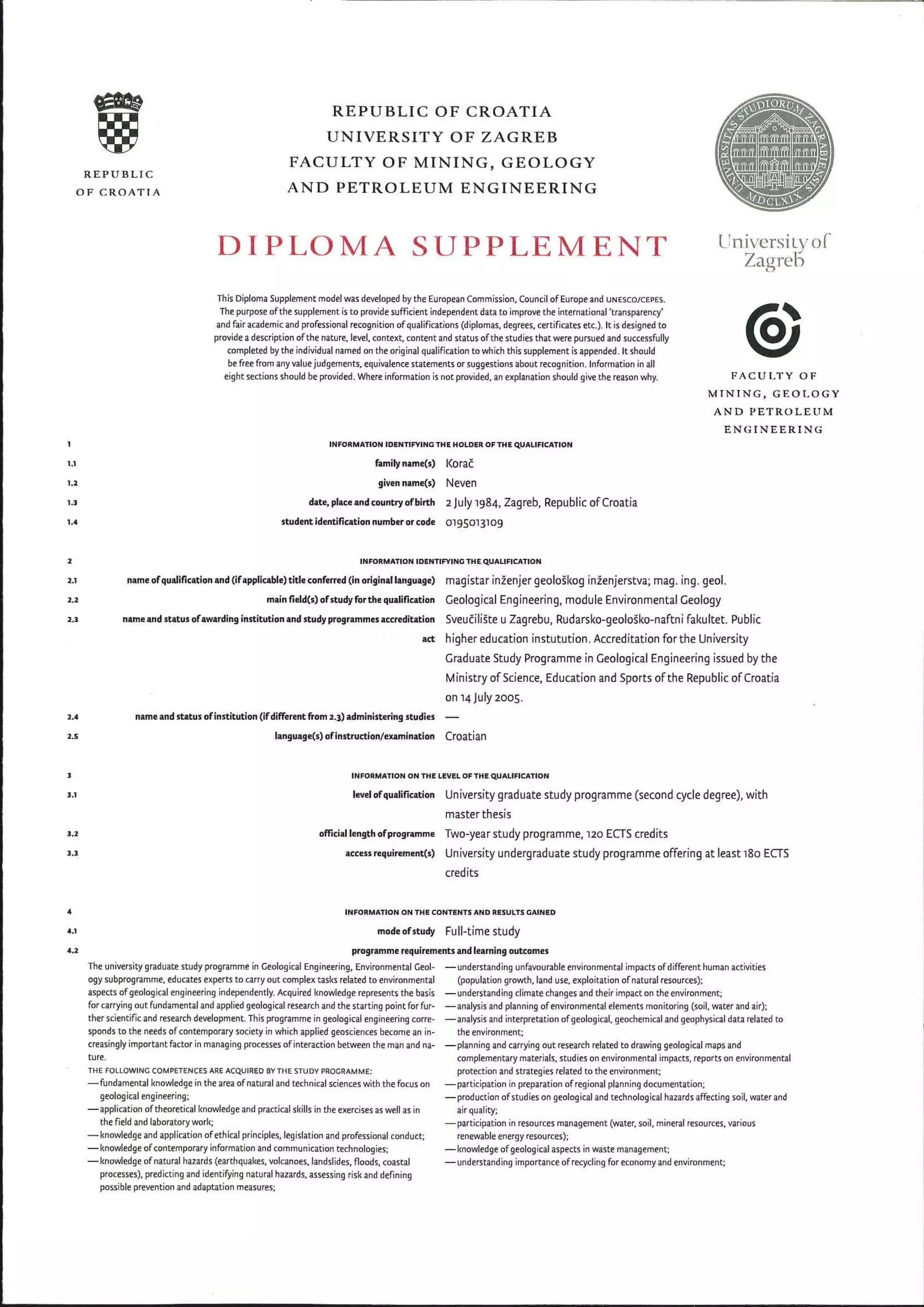 Diploma supplement Neven Korač | PDF