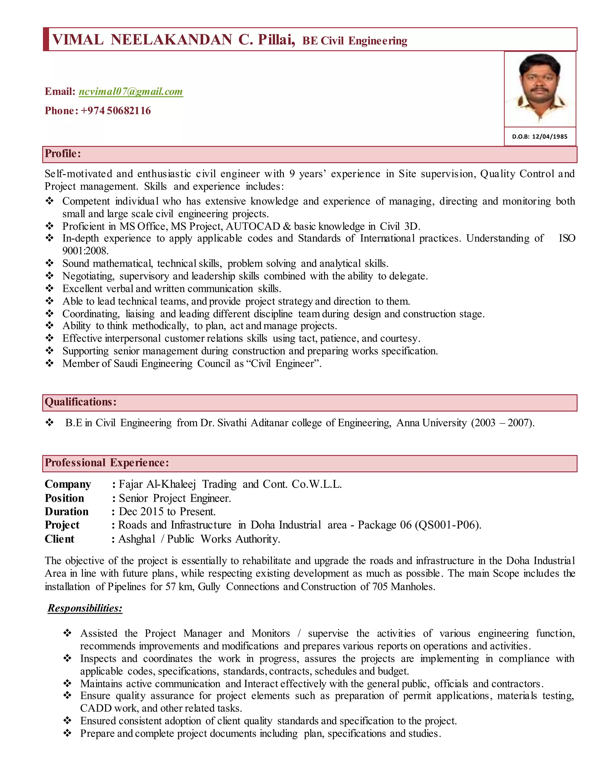 Vimal, Civil Engr CV | PDF