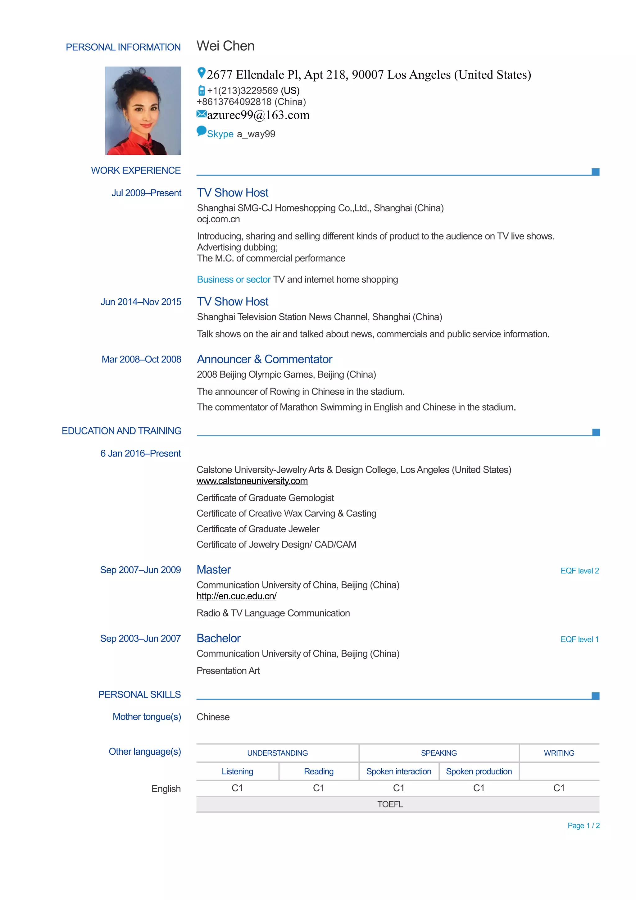 Wei Chen's CV | ODT | Talk Show | Genres