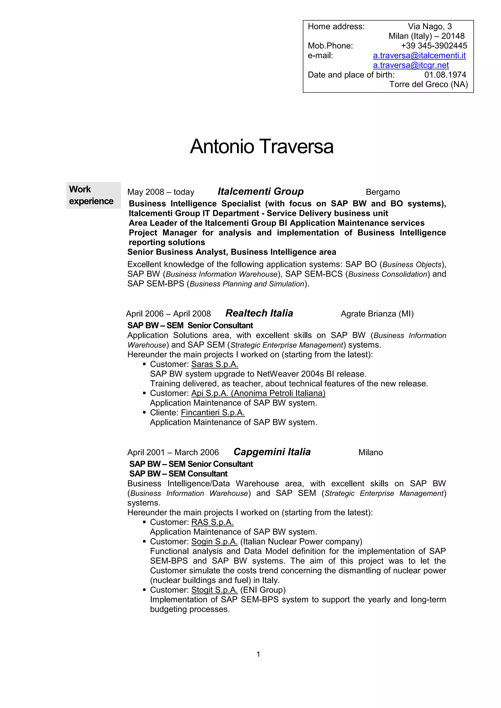 Traversa Antonio - CV - Eng | PDF