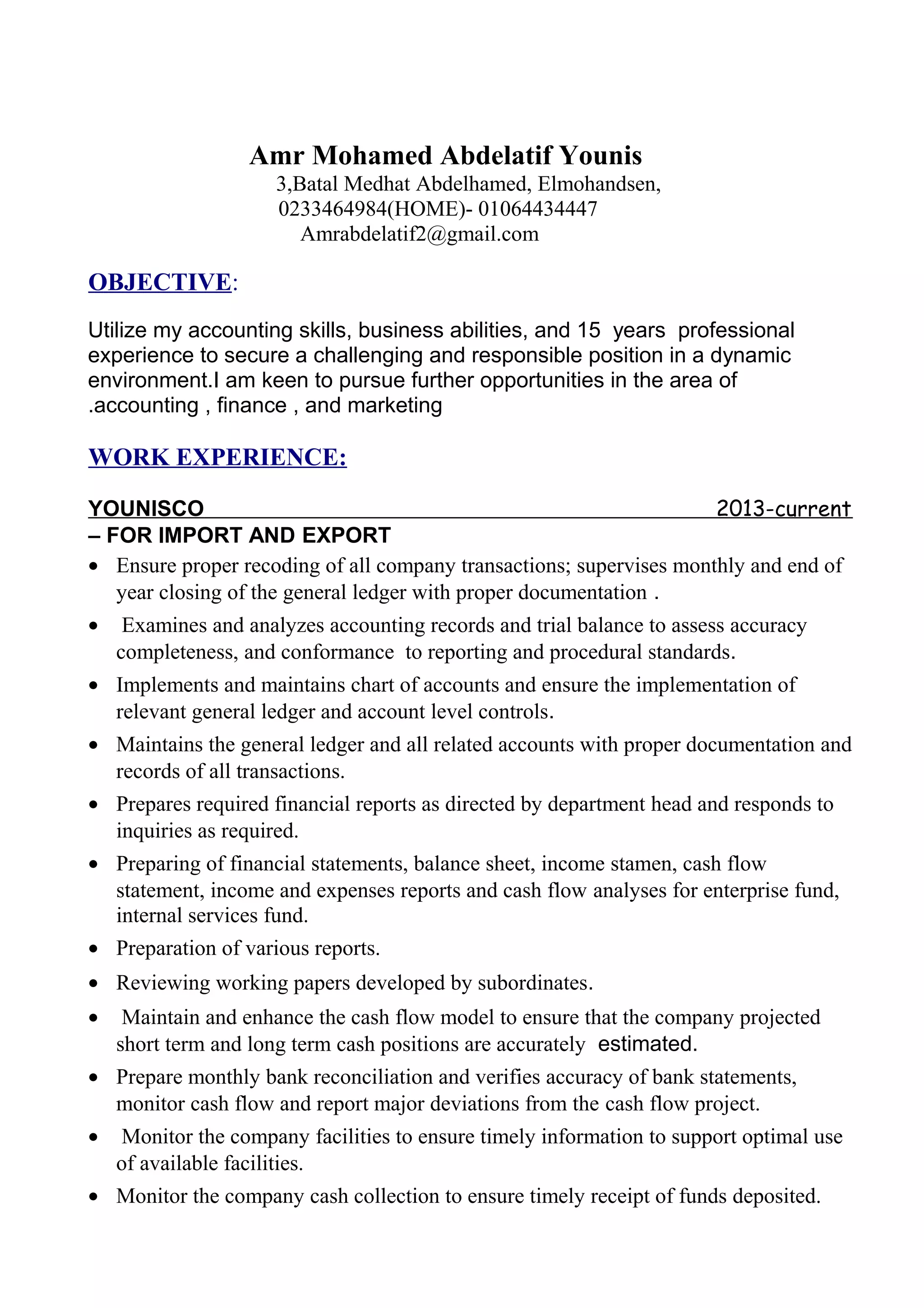 Amr Younis cv | DOC | Business Accounting & Finance | Business