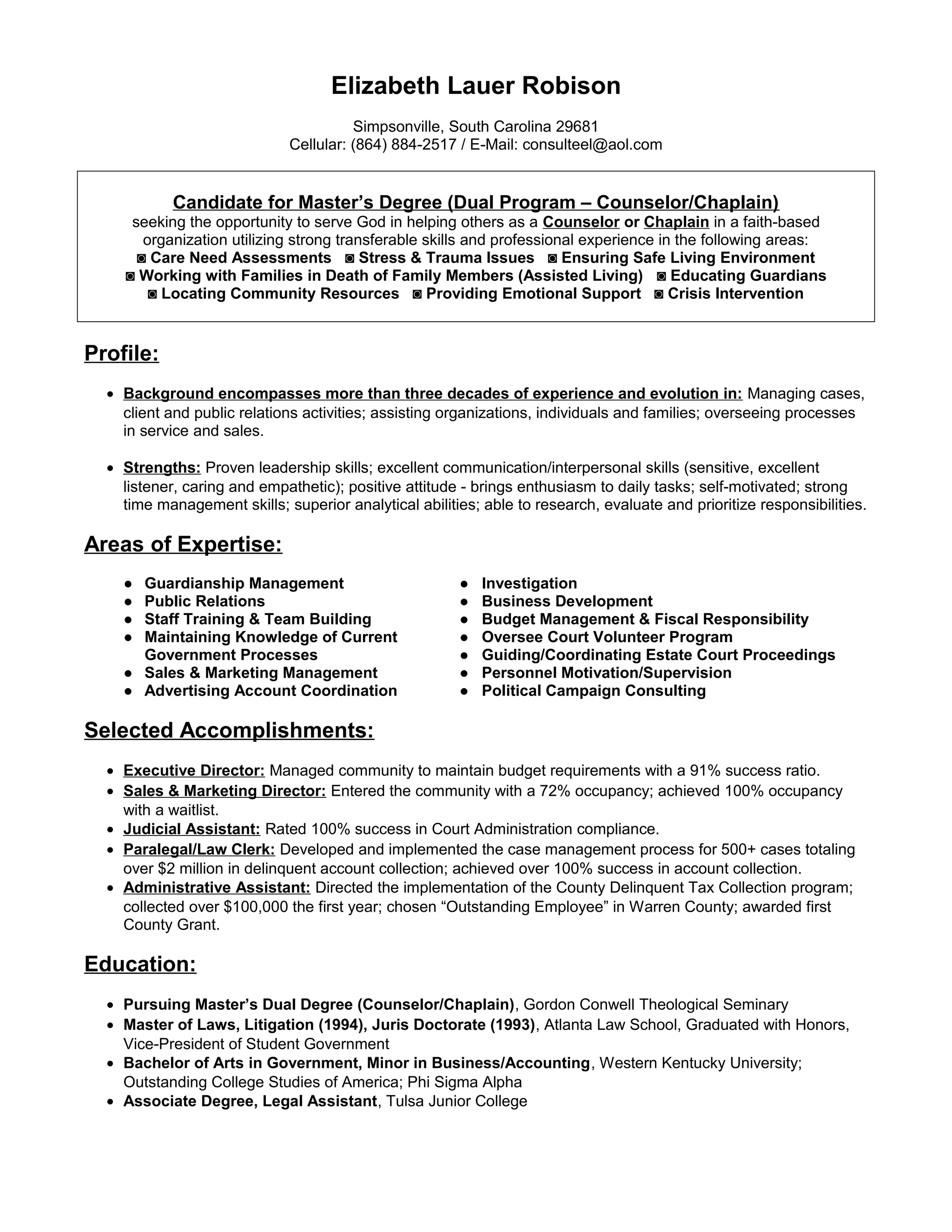 Resume for Chaplain | DOC