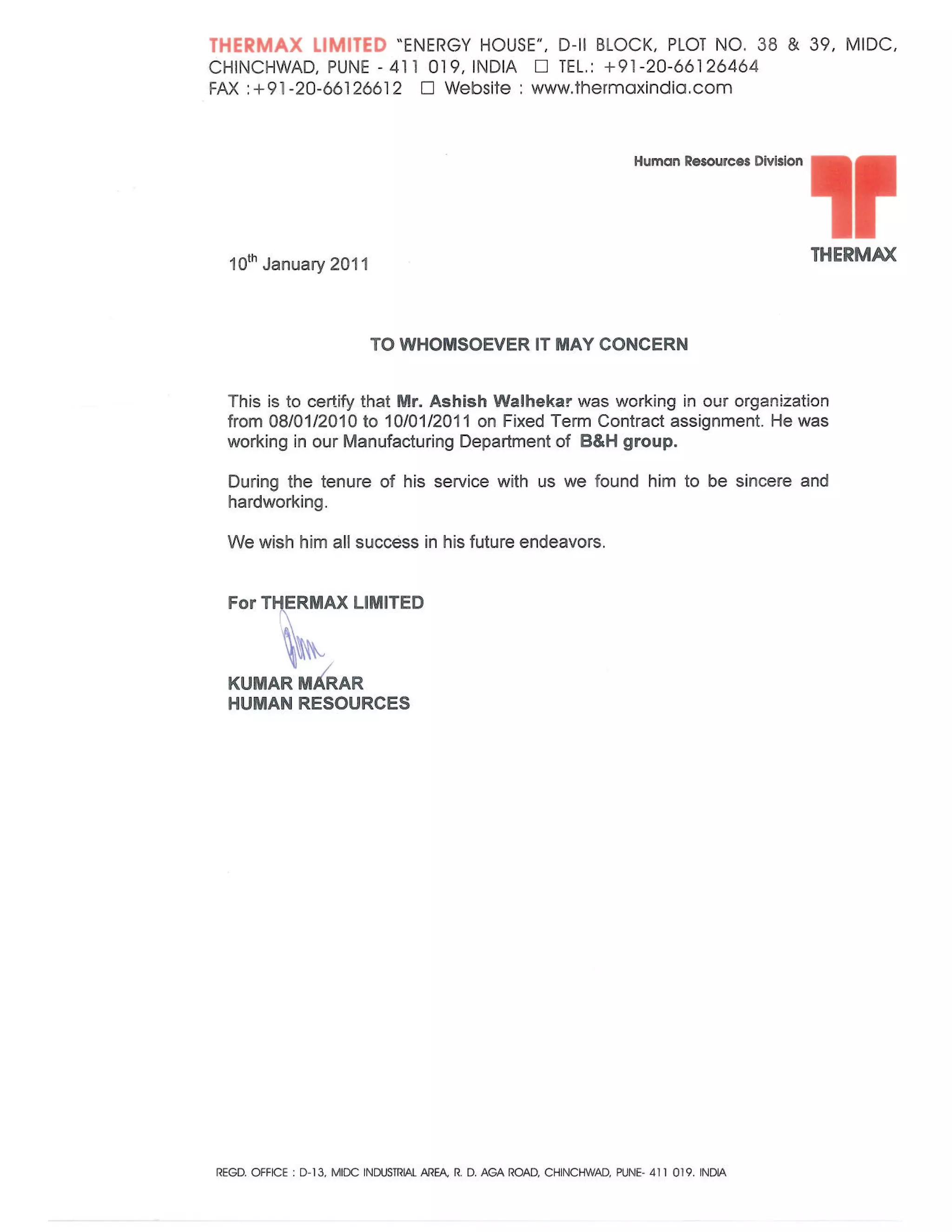 Experience Letter of Thermax | PDF