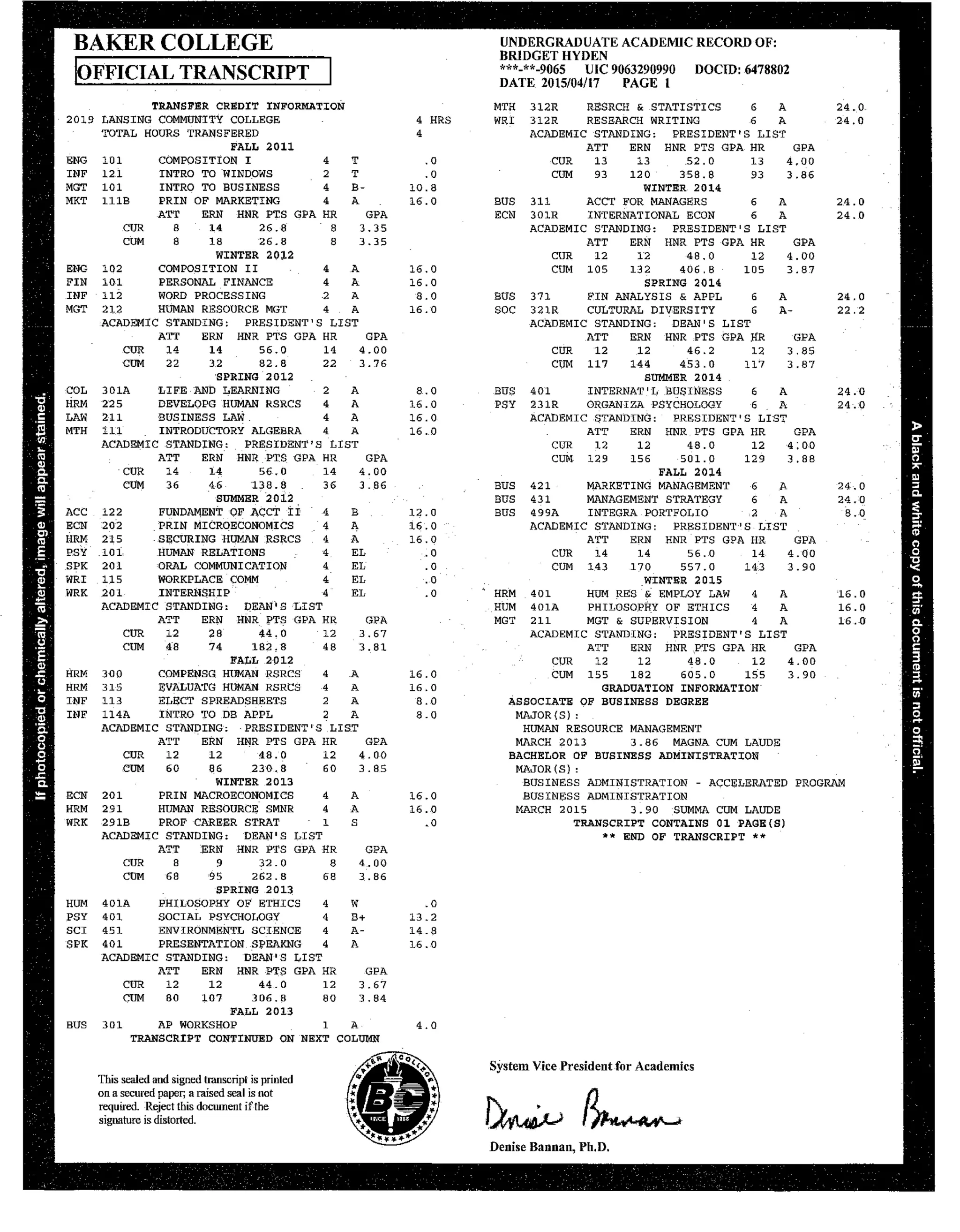 Bachelors Degree Transcript | PDF