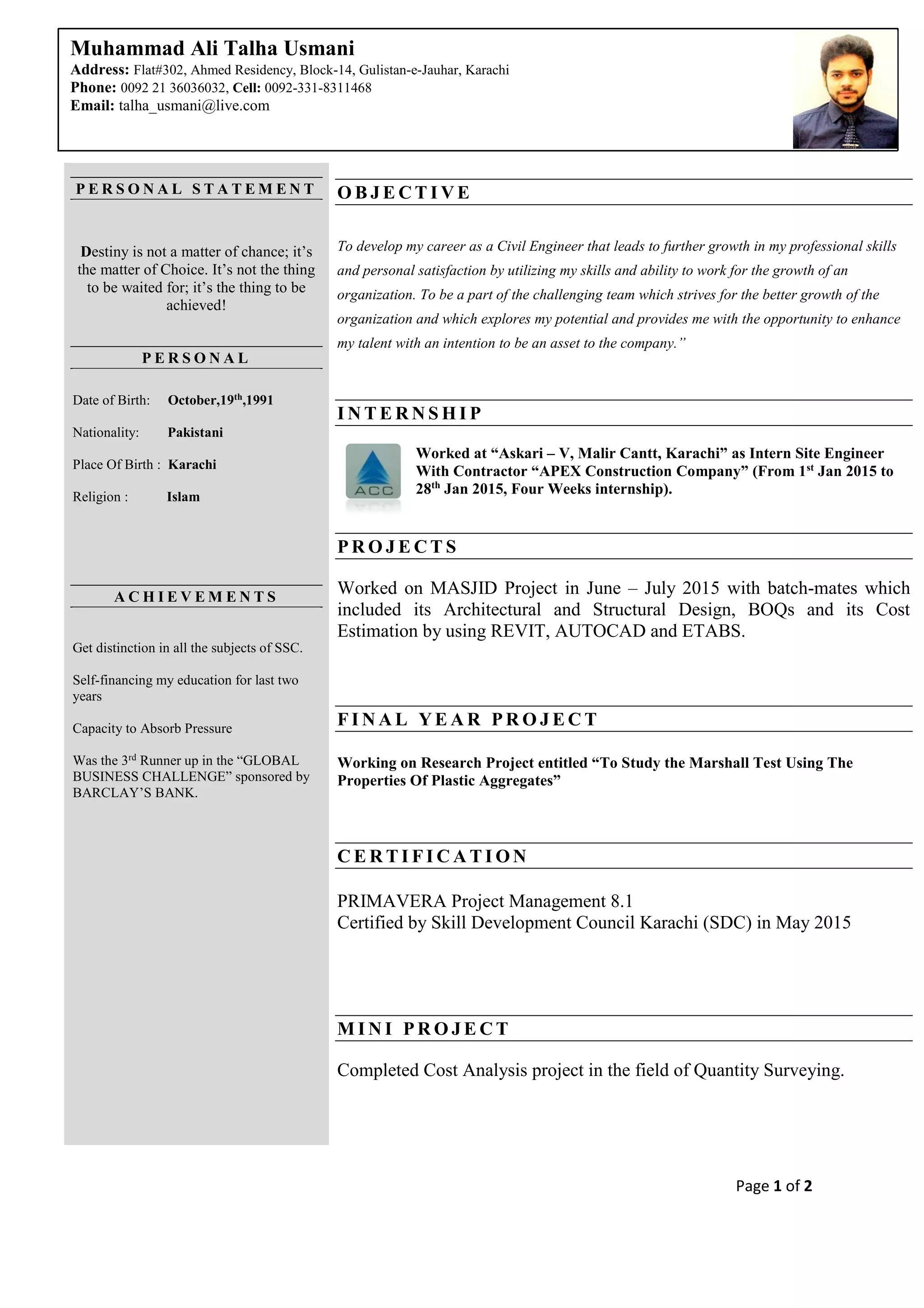 M. Ali Talha Usmani CV-15 3.70 CV management | PDF