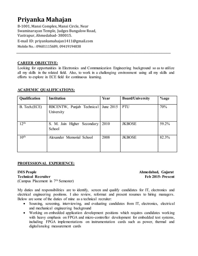 Priyanka Mahajan resume for ECE 1.5.6.8 | PDF