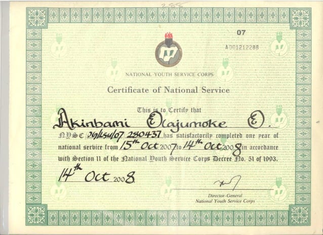 Olajumoke Akinbami - NYSC Certificate | PDF