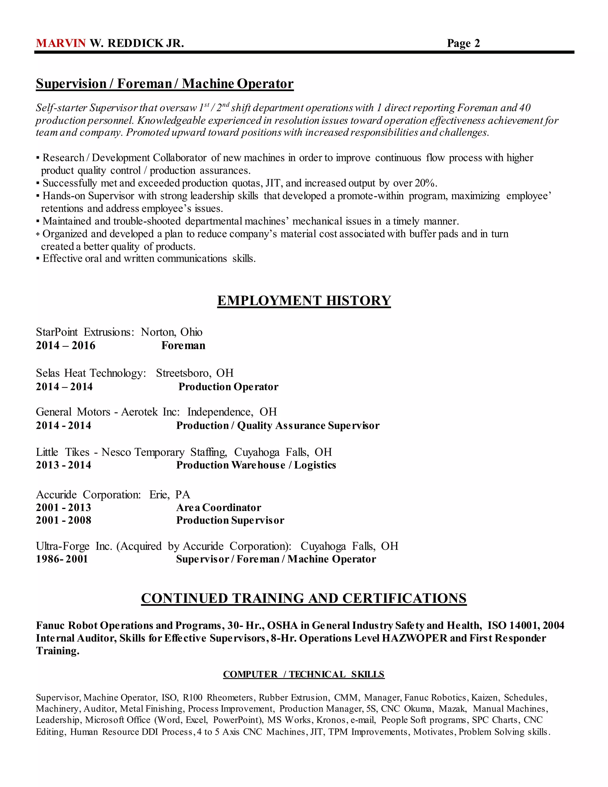 Marvin Reddick Jr Supervisor Resume | DOCX