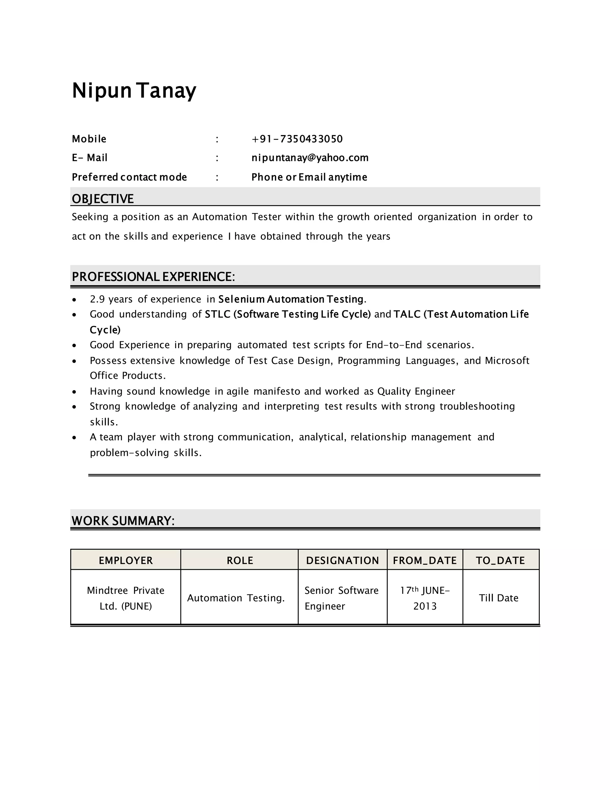 Automation Tester Resume with 2.9 Years Selenium Experience | PDF