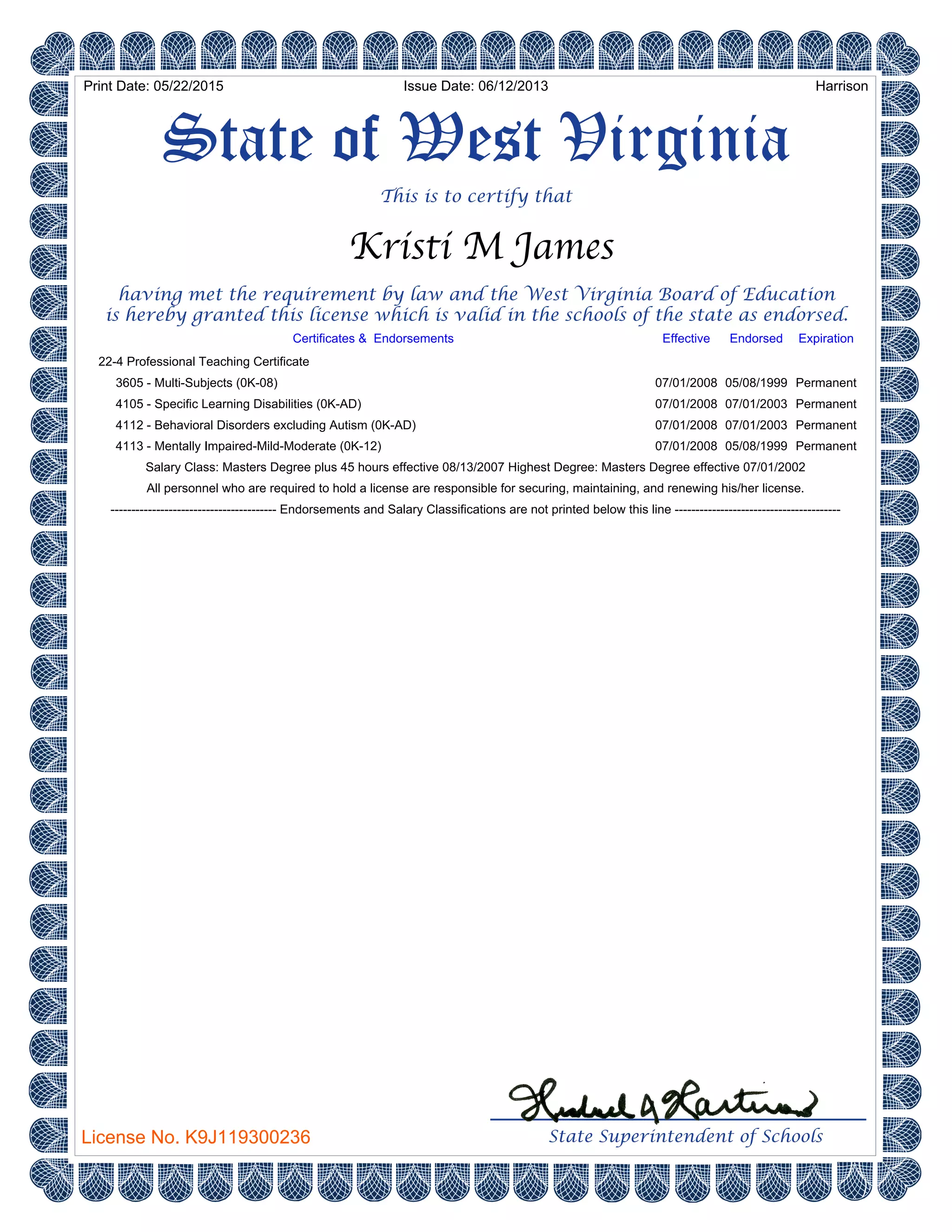 K9J119300236_20130612 Kristi James WV License | PDF