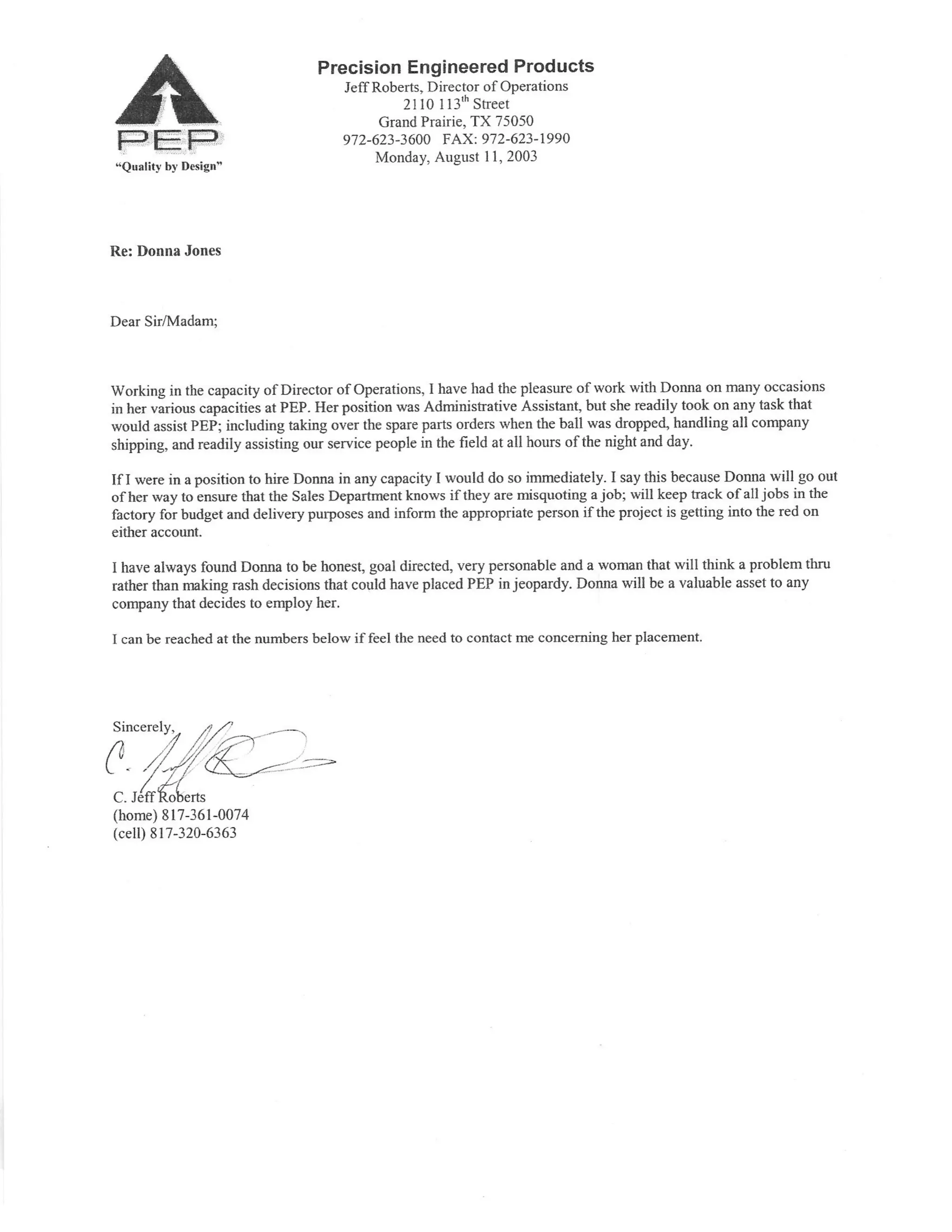 Donna PEP Jeff Roberts Reference Letter | PDF