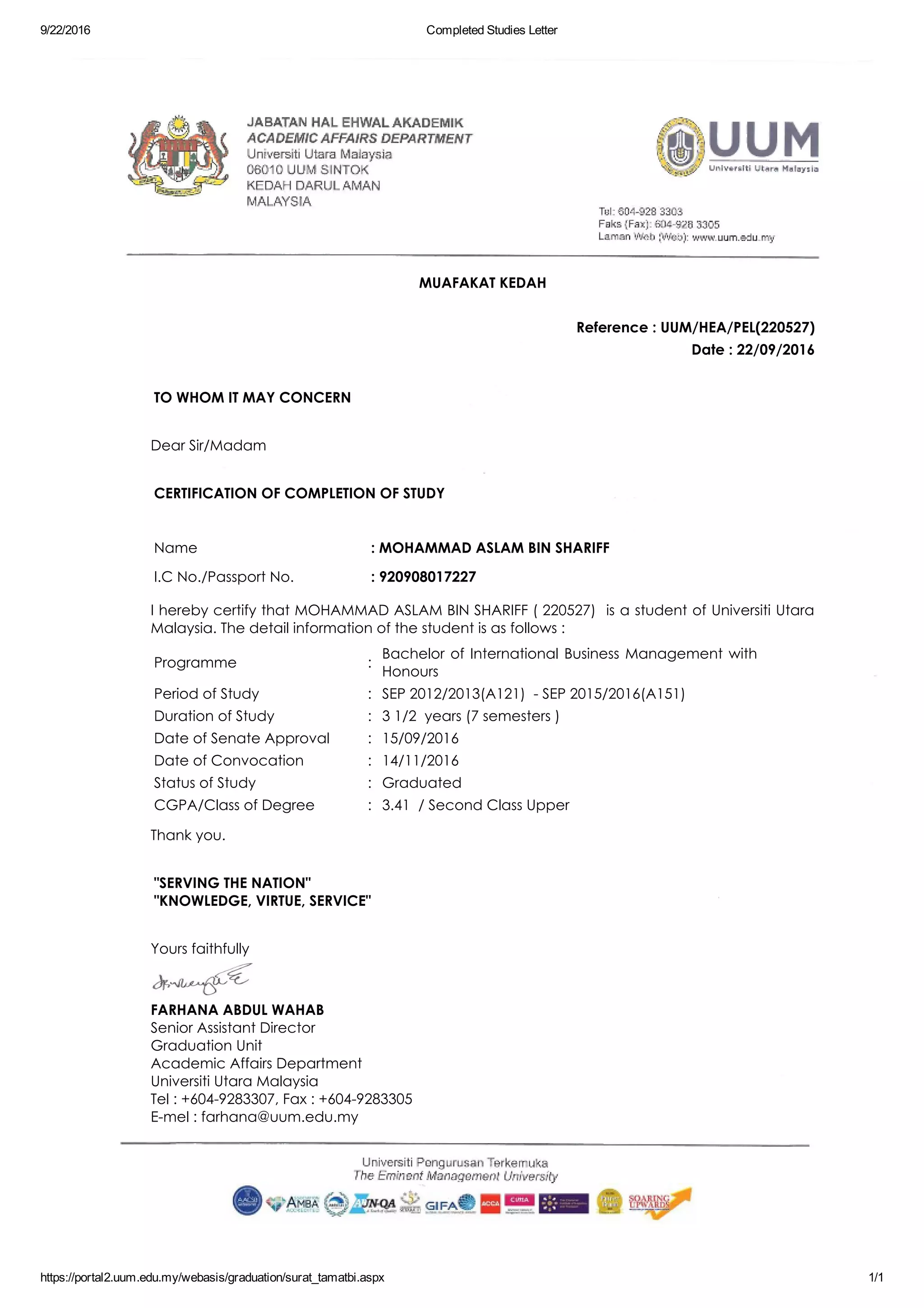 Completed Studies Letter | PDF