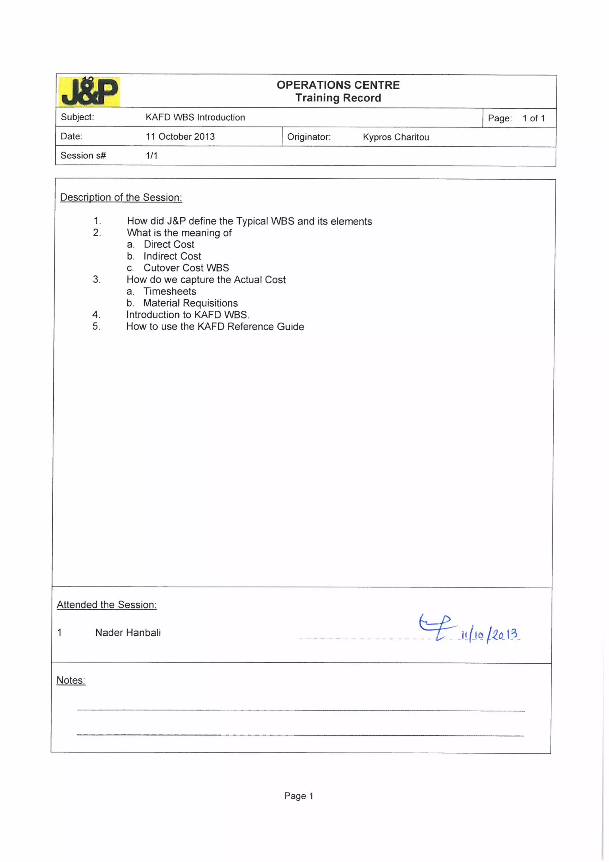 KAFD - WBS Briefing Training Record (03) | PDF