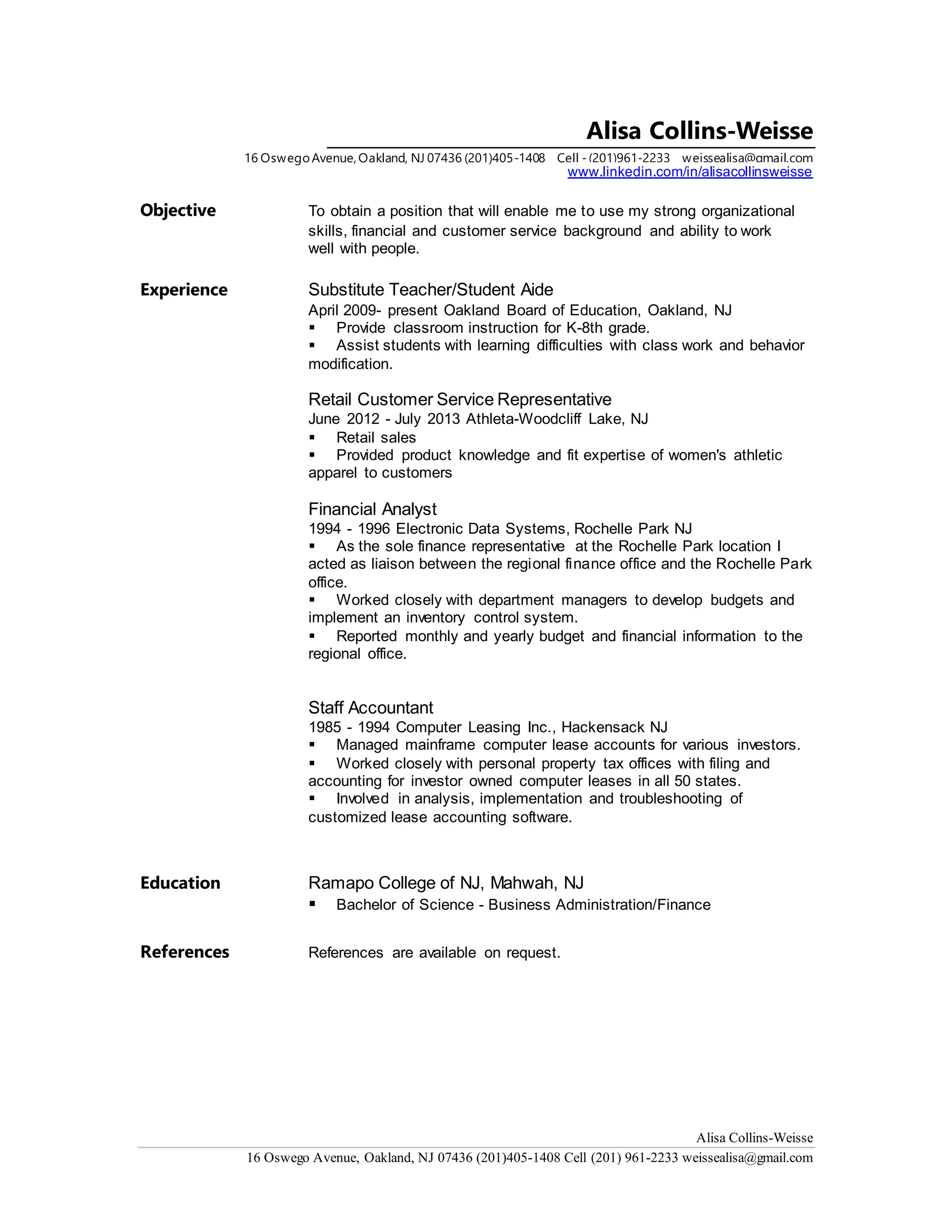 Alisa Collins-Weisse resume | DOCX