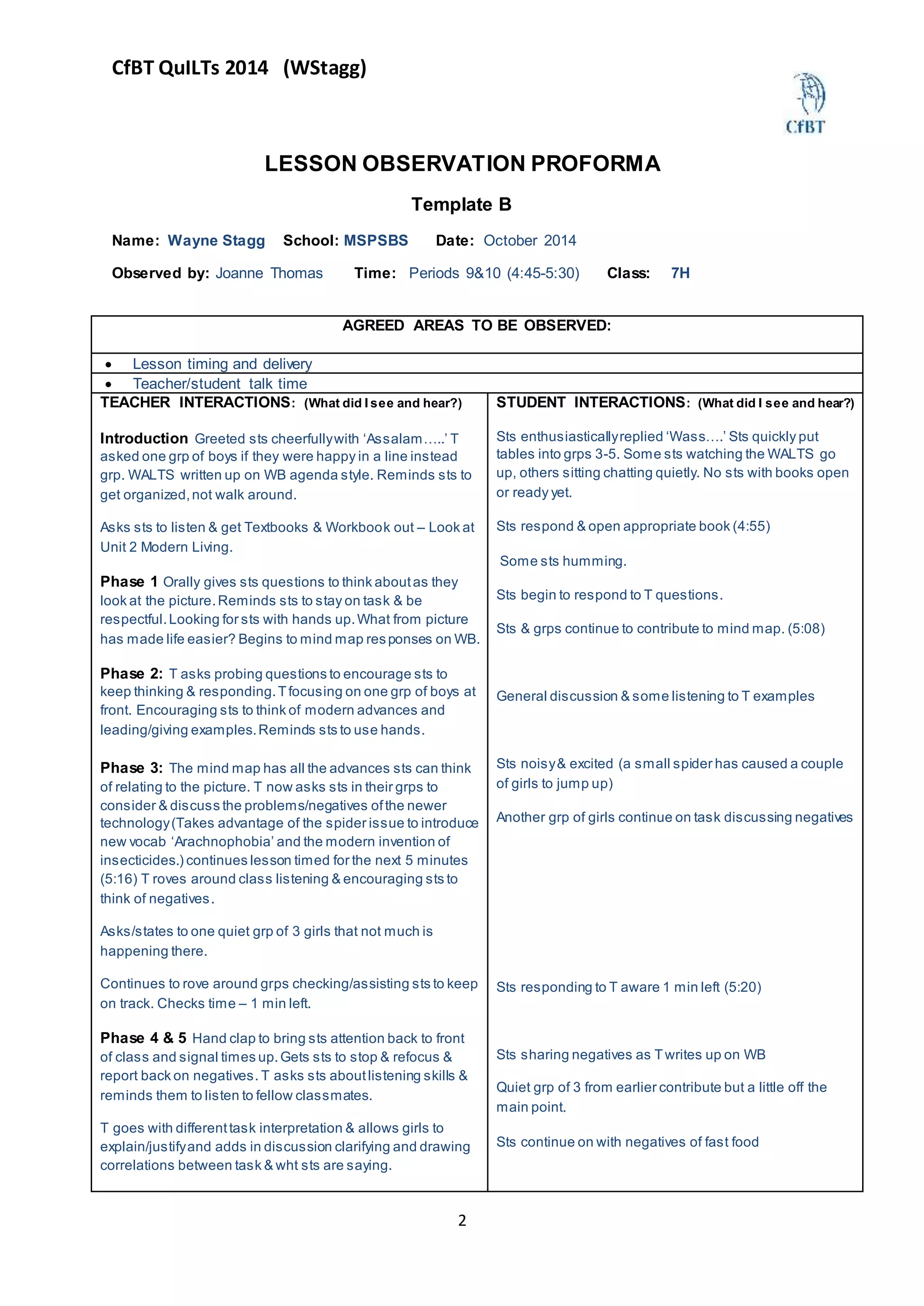 LESSON OBSERVATION Wayne Stagg 2014 | DOCX