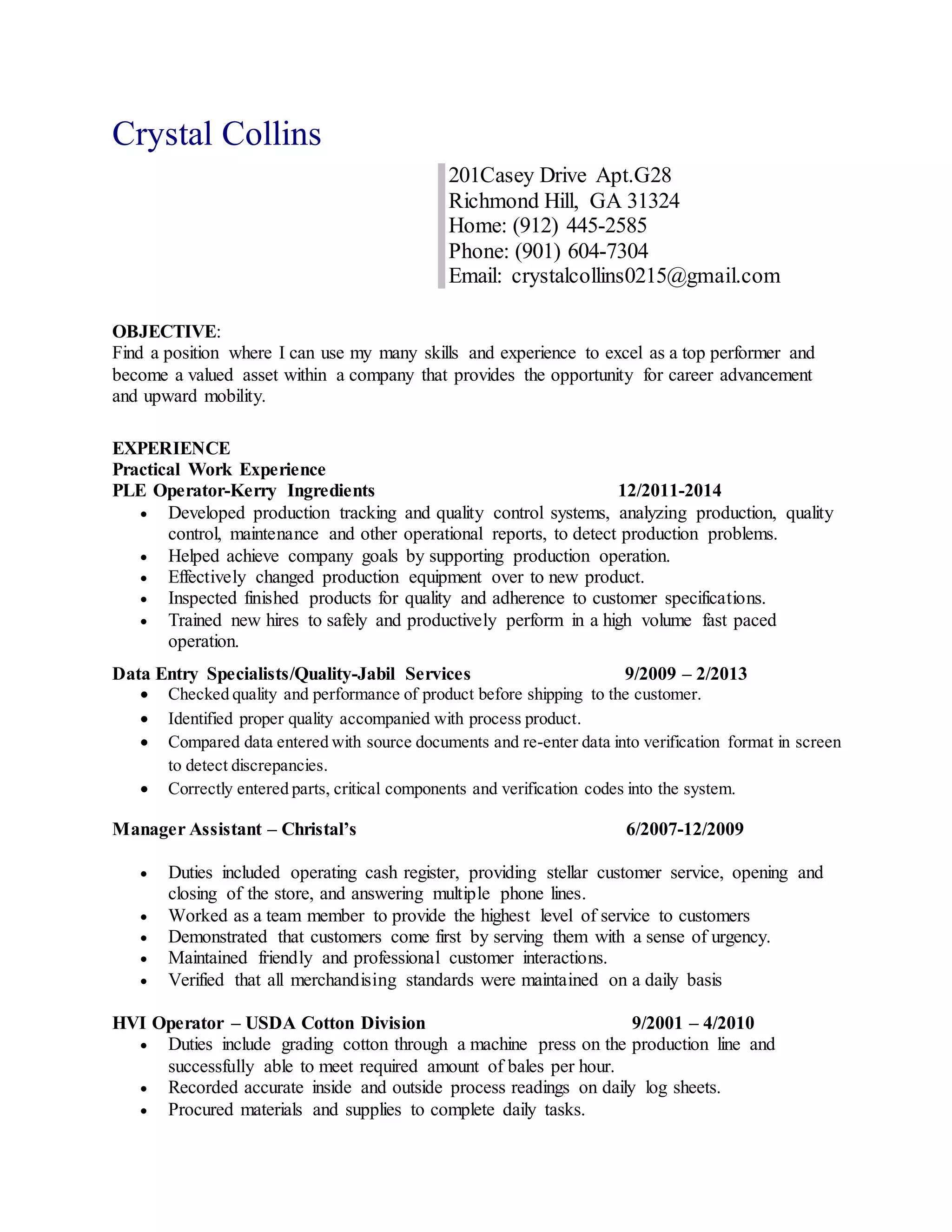 Crystal Collins Resume | DOCX | Business | Business and Finance