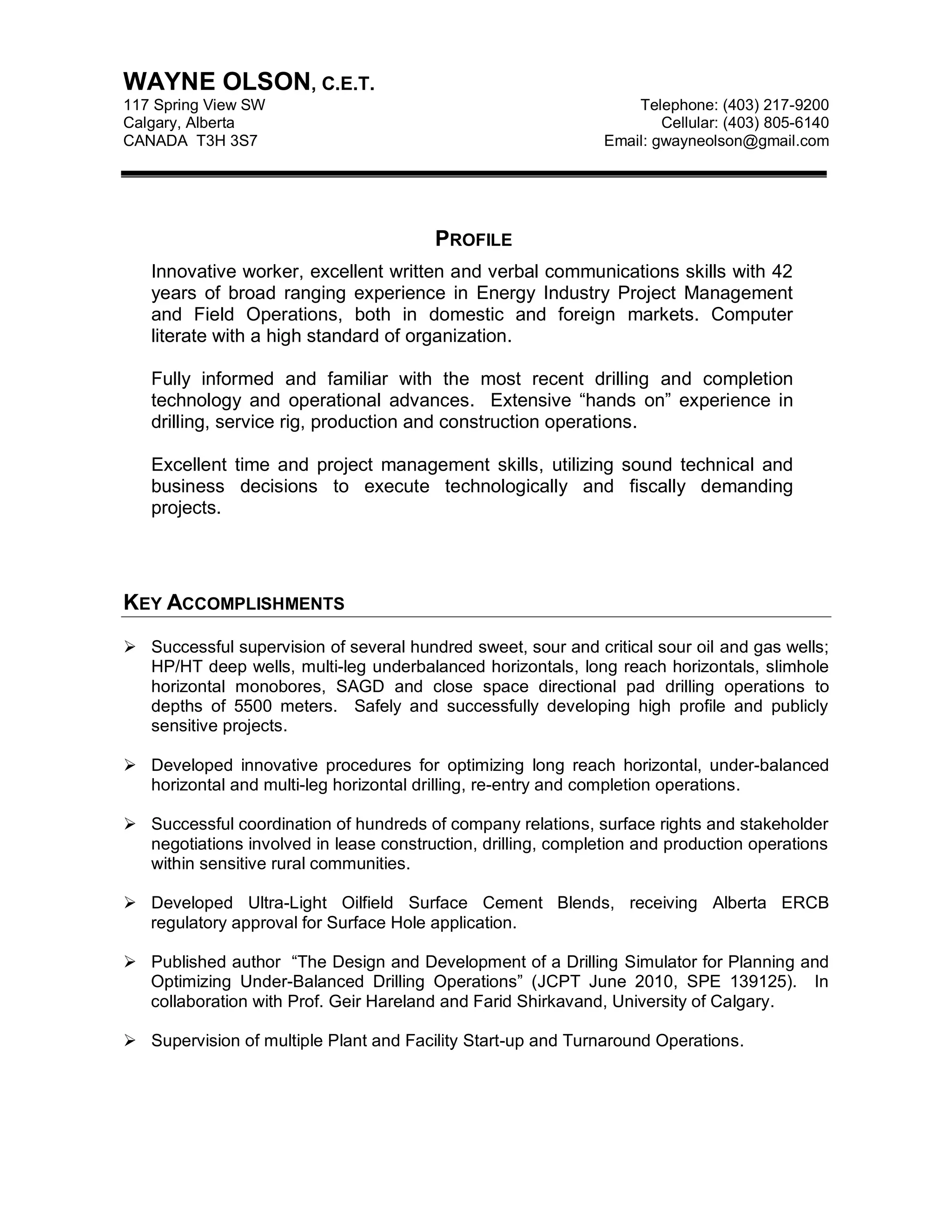 Resume Wayne Olson Mar 2015 | PDF | Business and Finance