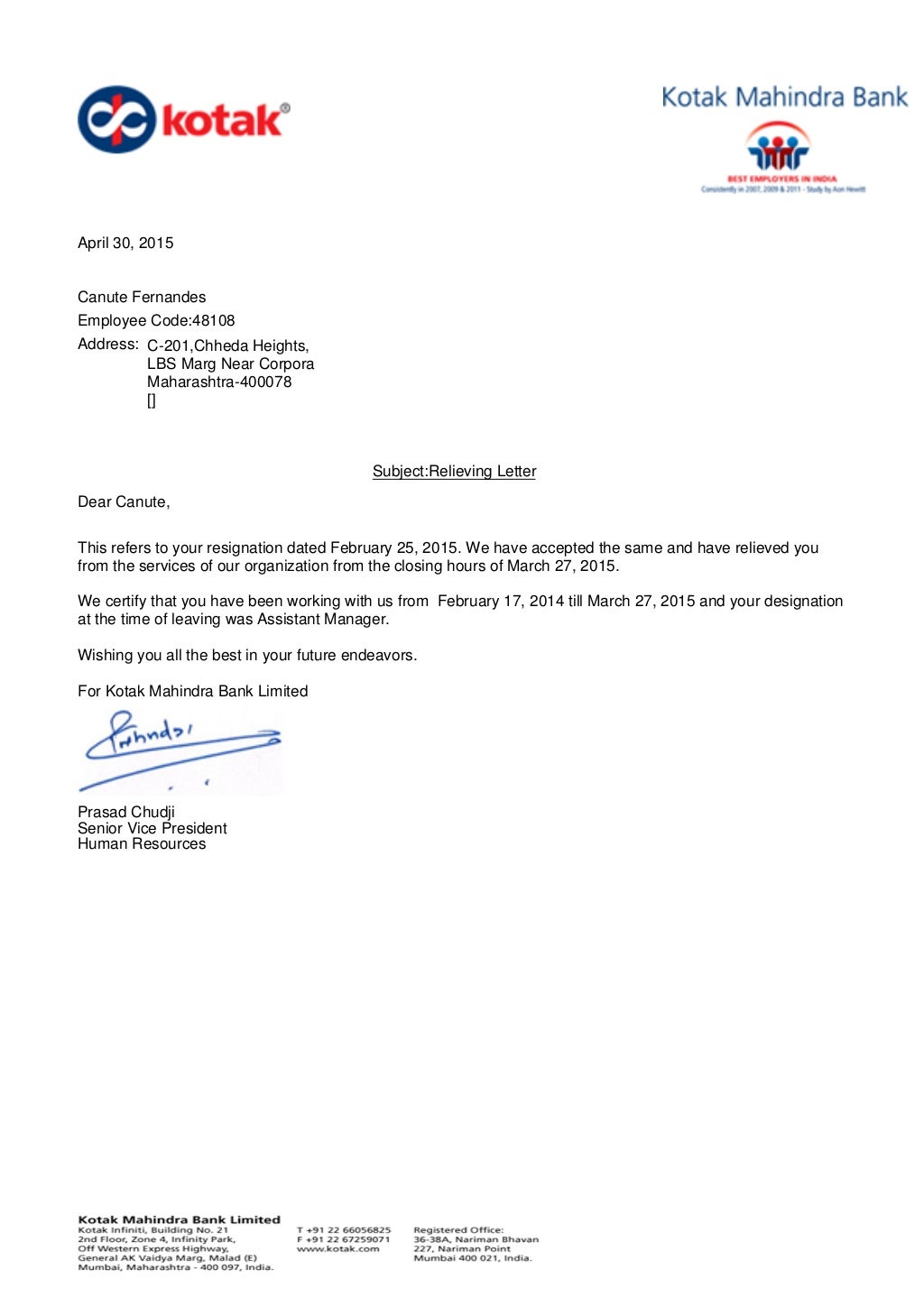 Relieving Letter 48108 Relieving Letter 48108