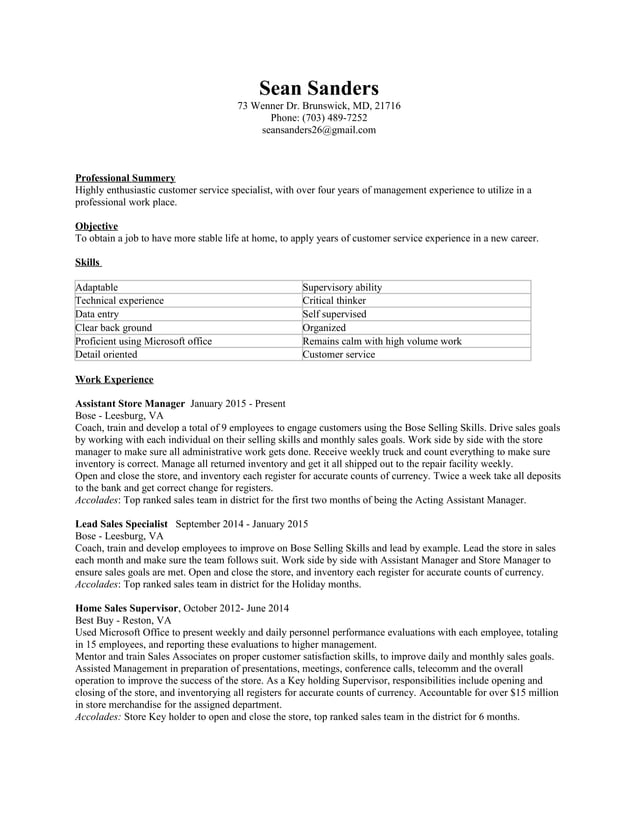 Sean Sanders Resume 2016 good | DOC | Sales | Business