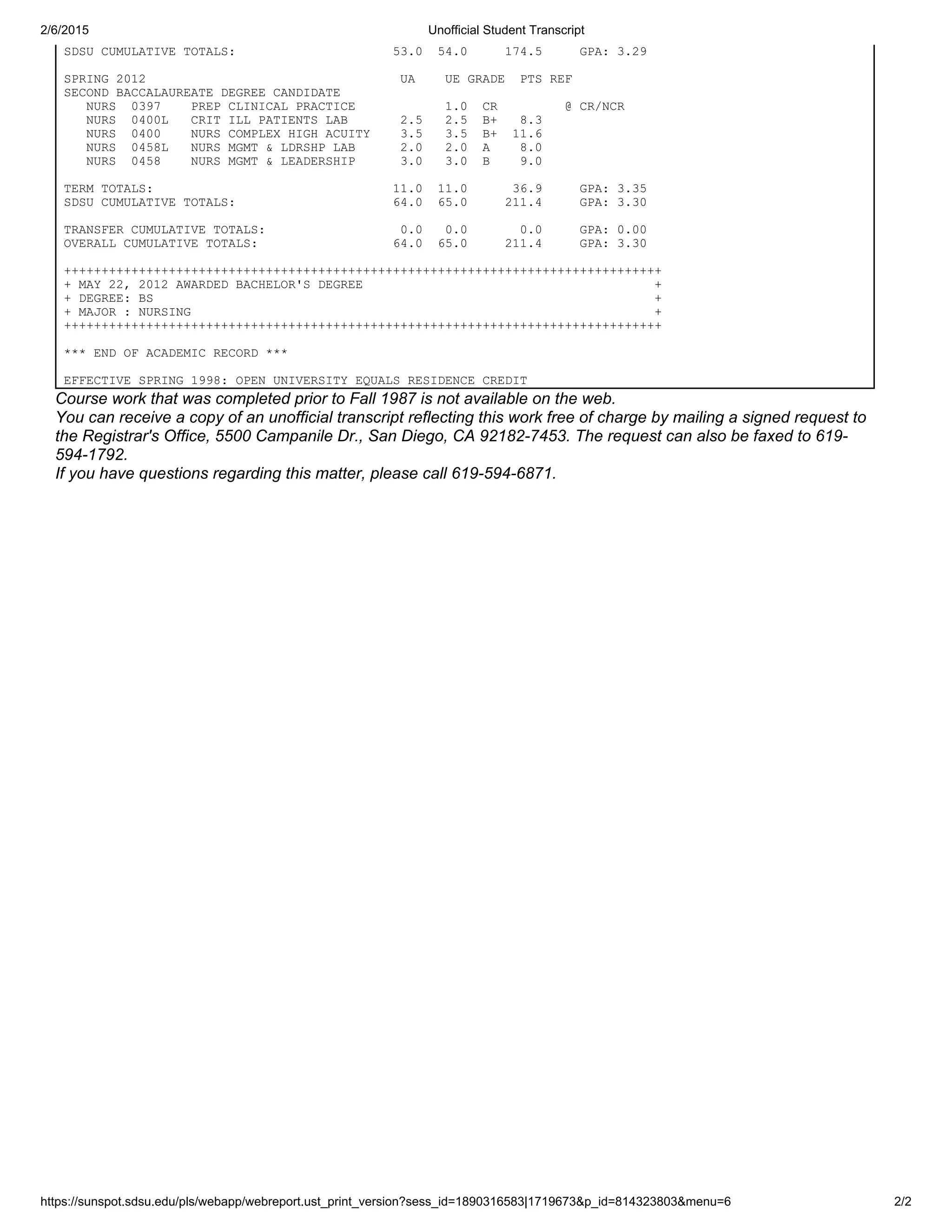 Unofficial Student Transcript | PDF