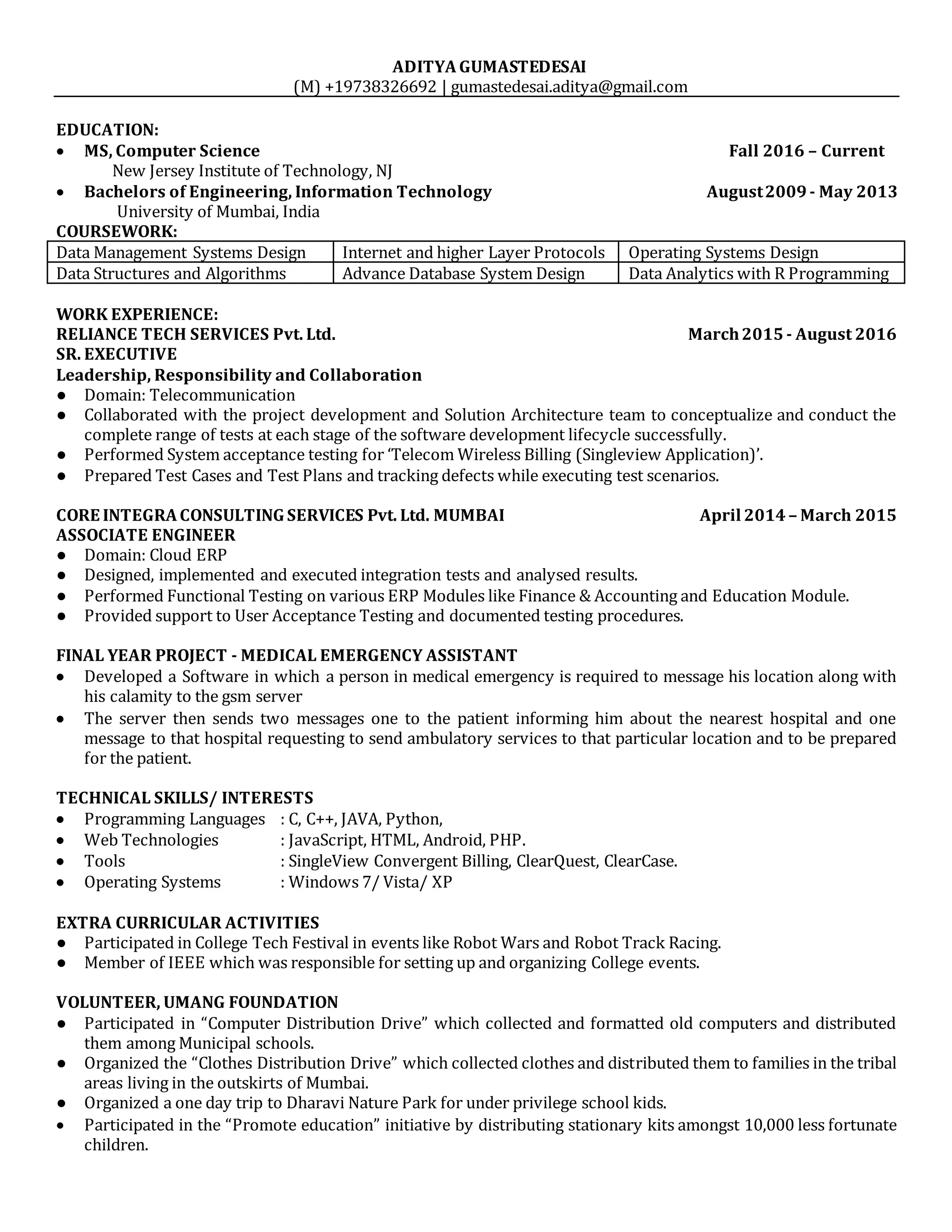ADITYA_GUMASTEDESAI_RESUME | DOCX | Programming Languages | Computing