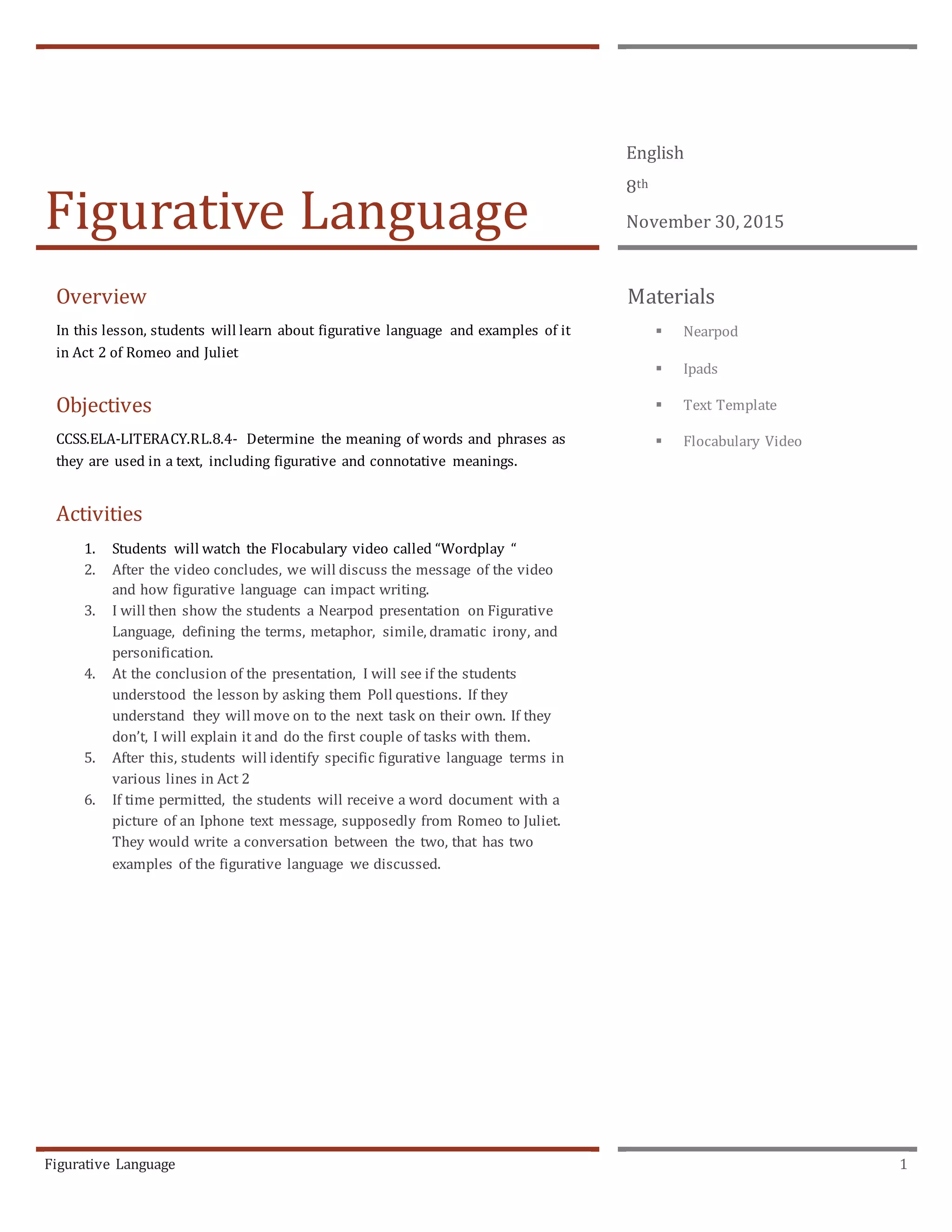Figurative Language lesson plan | DOCX