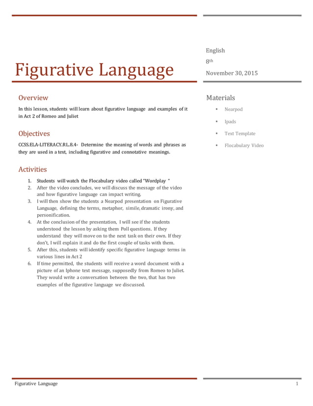Figurative Language lesson plan | DOCX