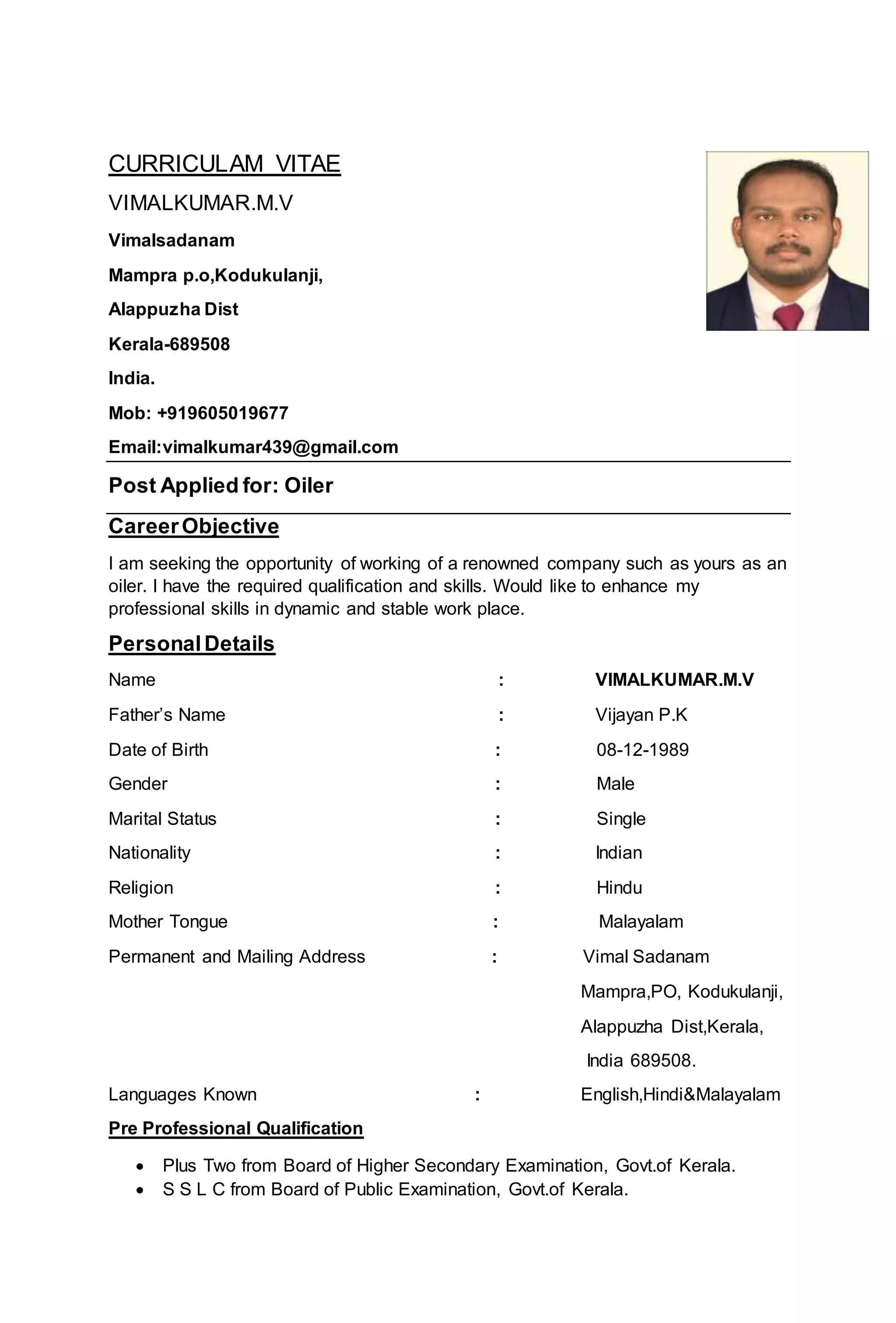 NEW RESUME VIMAL(Motorman) new stcw2016 | DOCX