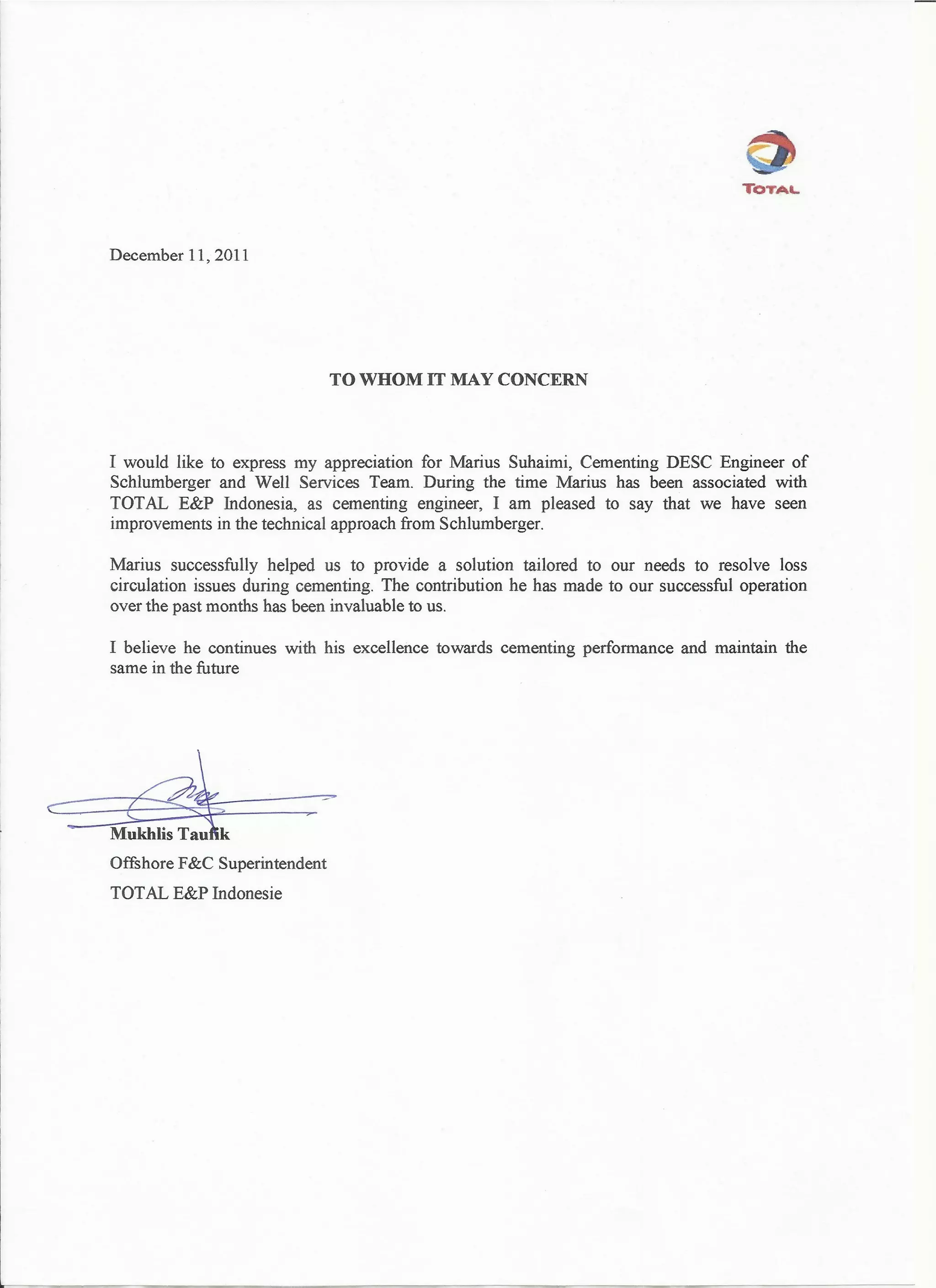 Marius Recognition Letter | PDF