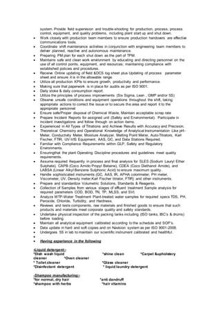 Control production process and production facilities of SLES and LABSA ...