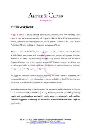 Lagos Law Firm Argyle & Clover Services Guide | PDF