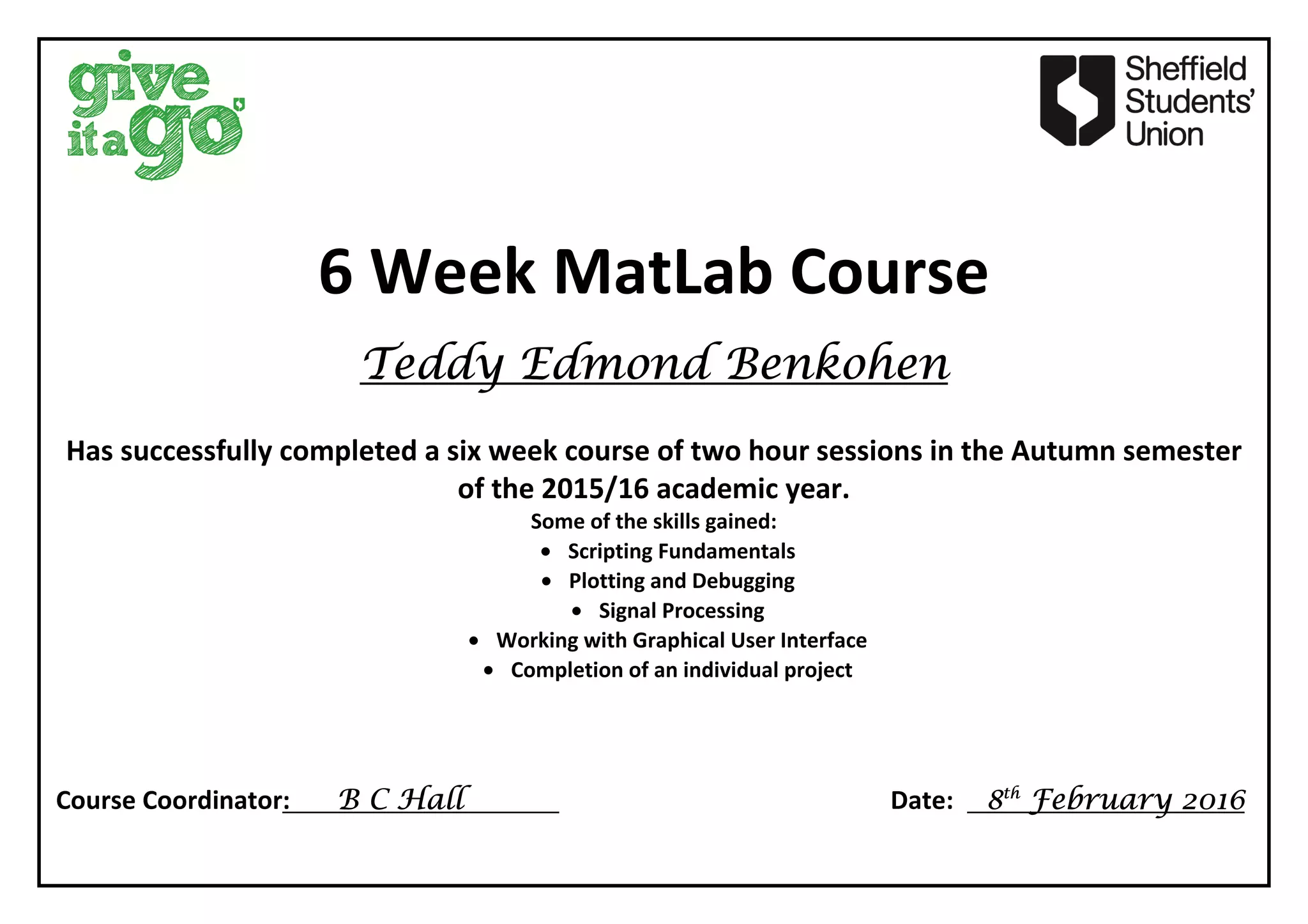 MatLab Course Certificate | PPT