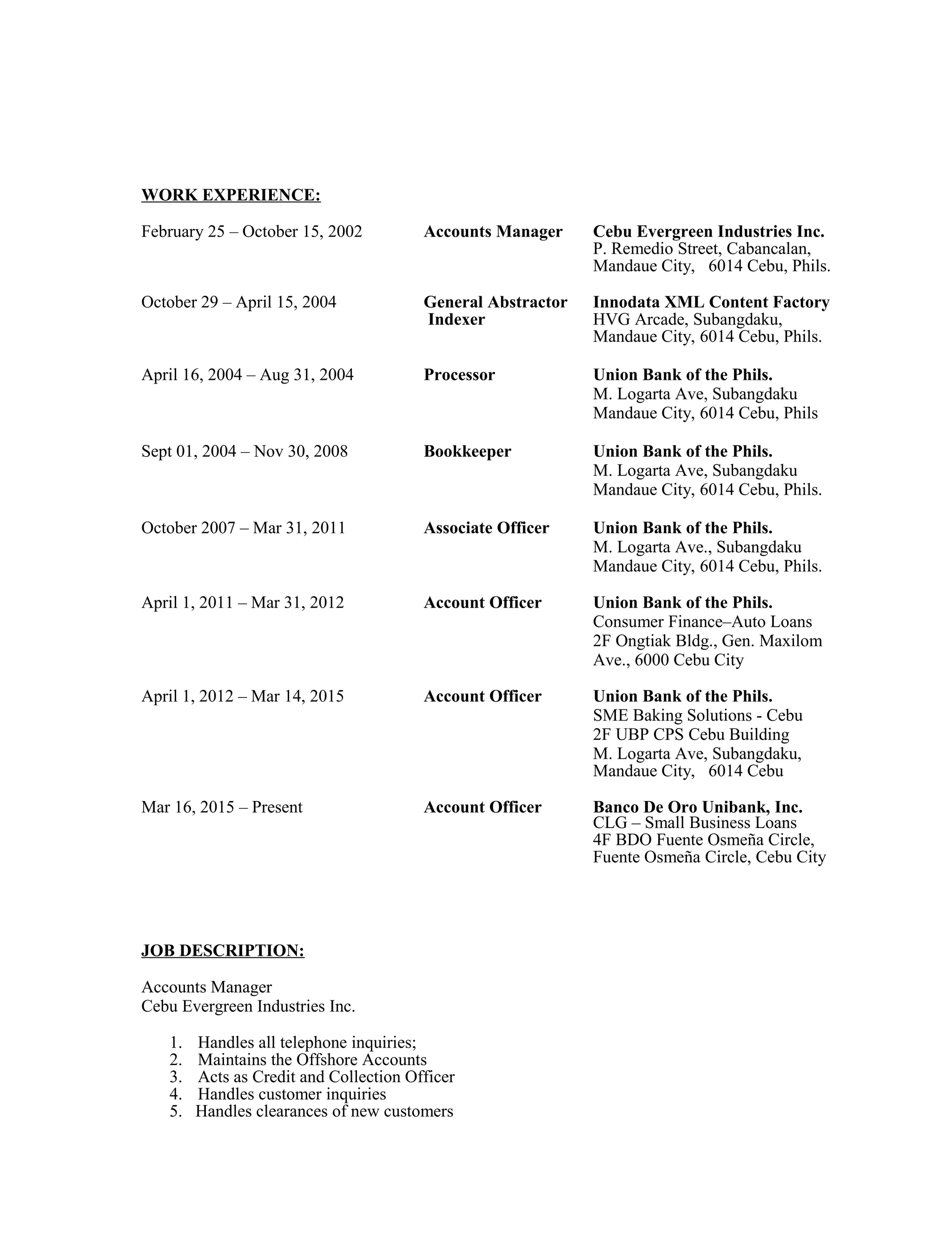 JMCN Resume | DOC | Business Banking & Finance | Business