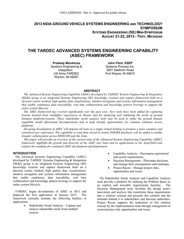 The TARDEC Advanced Systems Engineering Capability ASEC Framework(5) | PDF