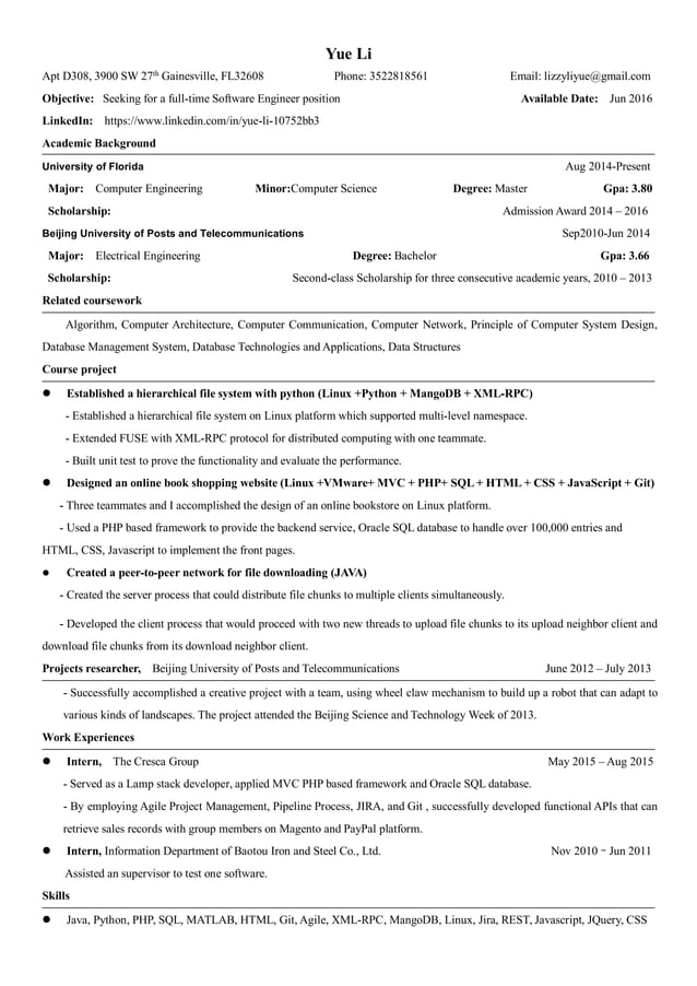 resume_Yueli_DB | PDF | Programming Languages | Computing