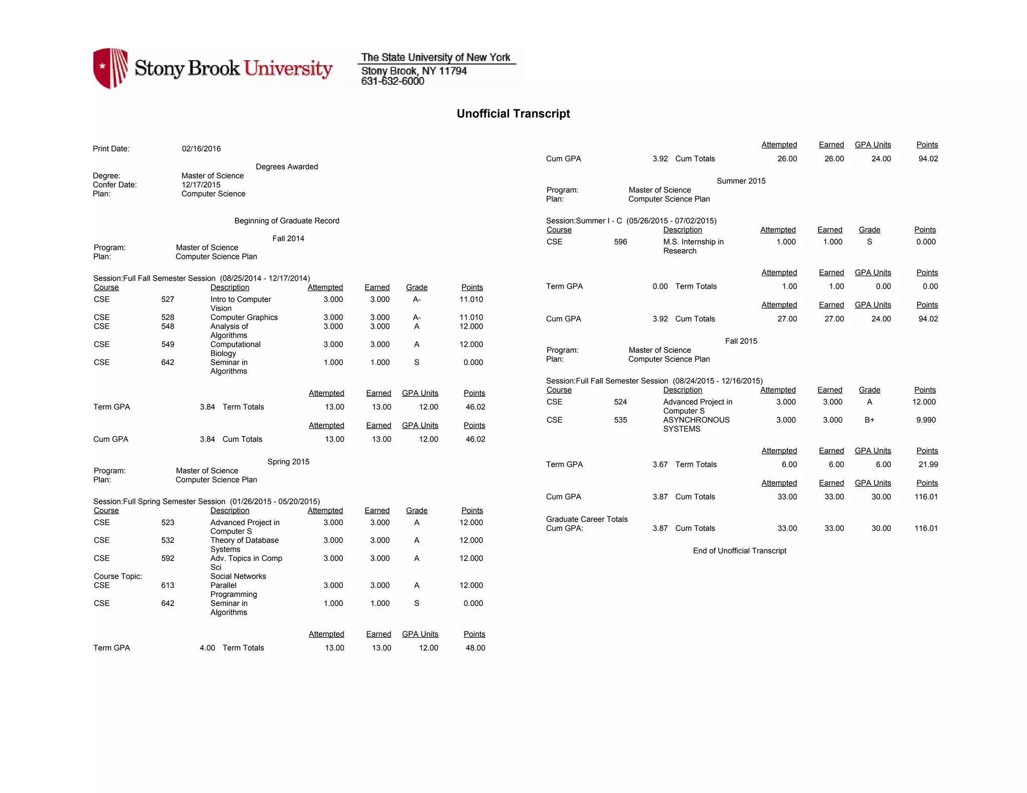 Srikant-MS-UnofficialTranscript | PDF