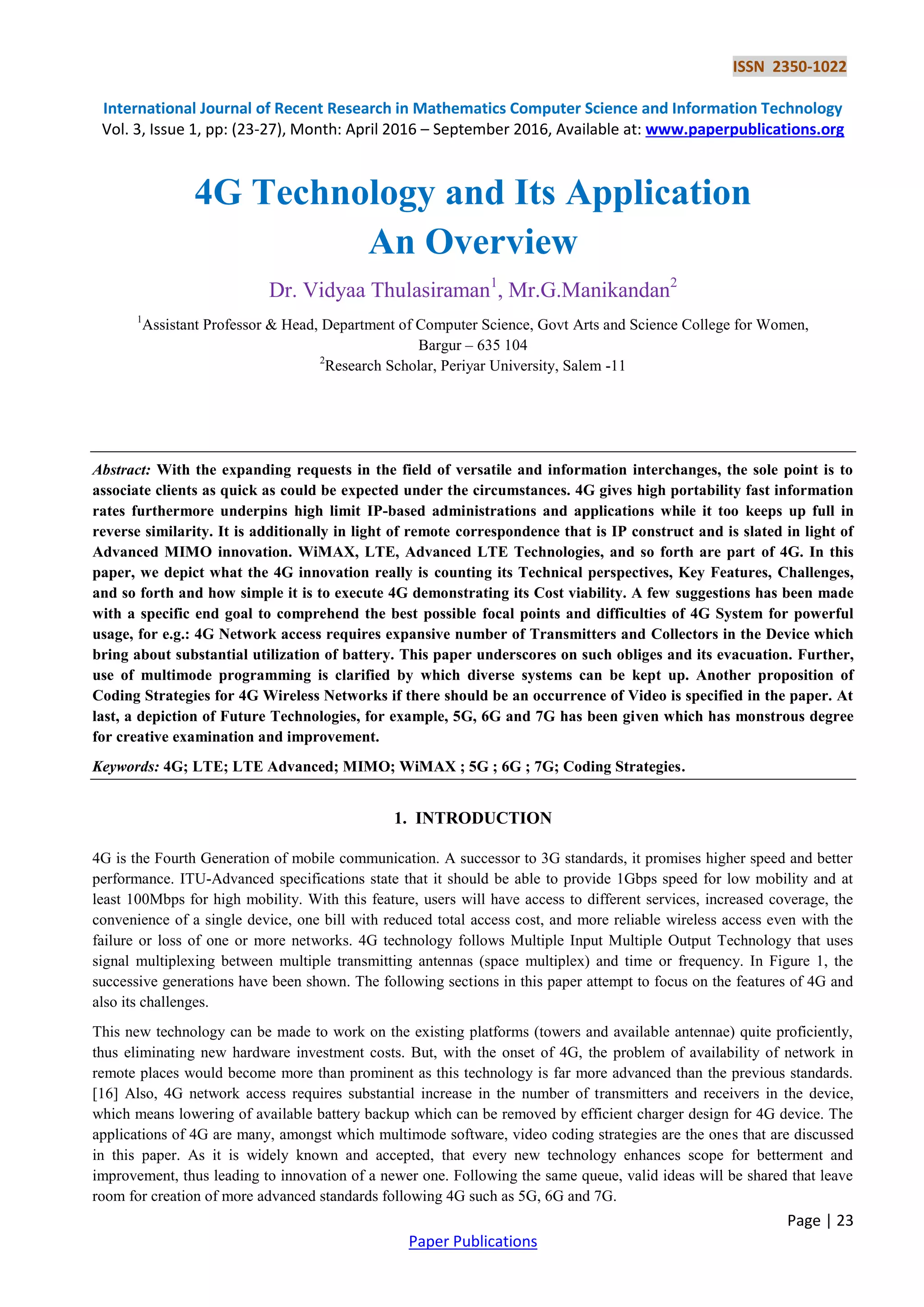 4G Technology and Its Application – An Overview | PDF